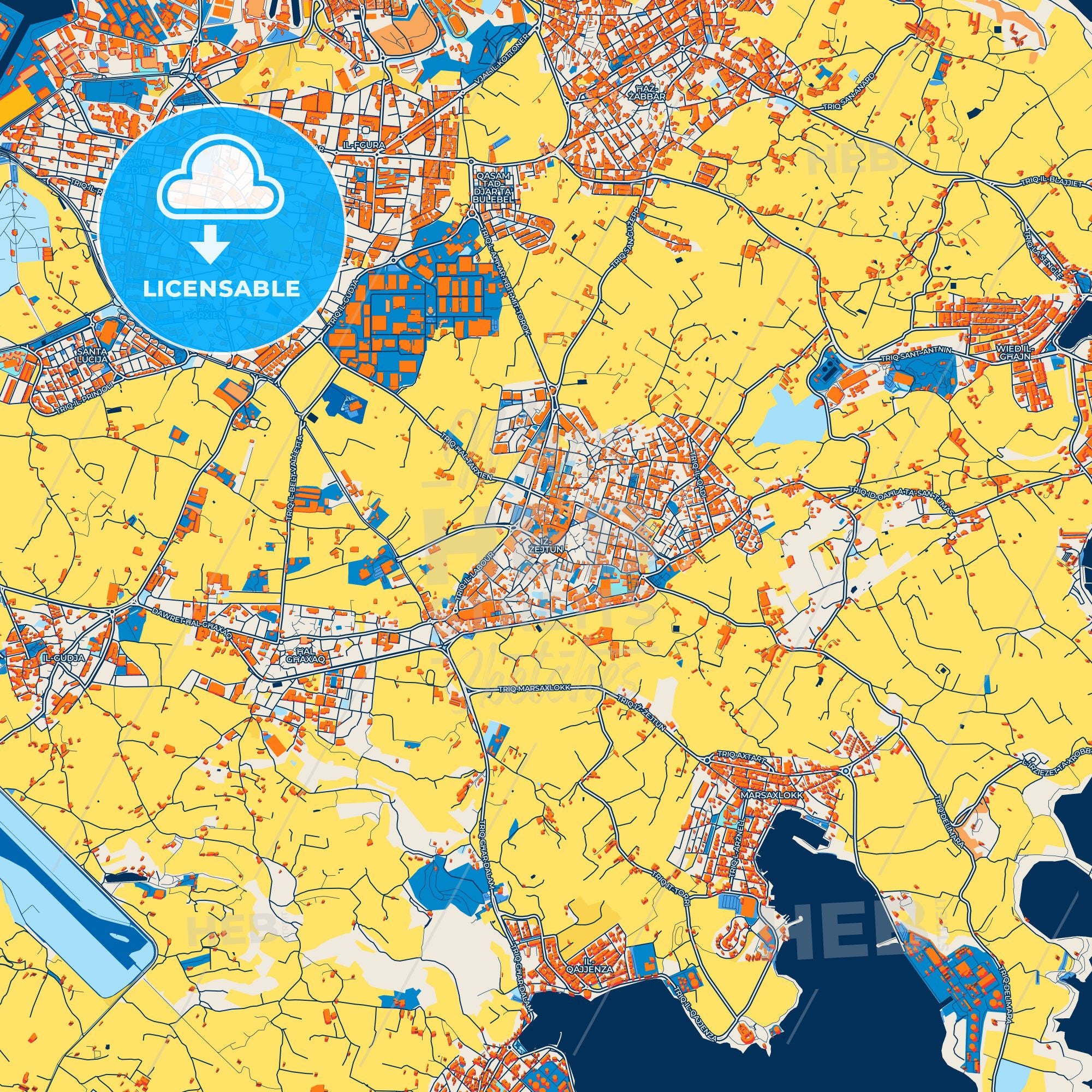 Colorful Żejtun Street Map With Labels And Buildings – HEBSTREITS