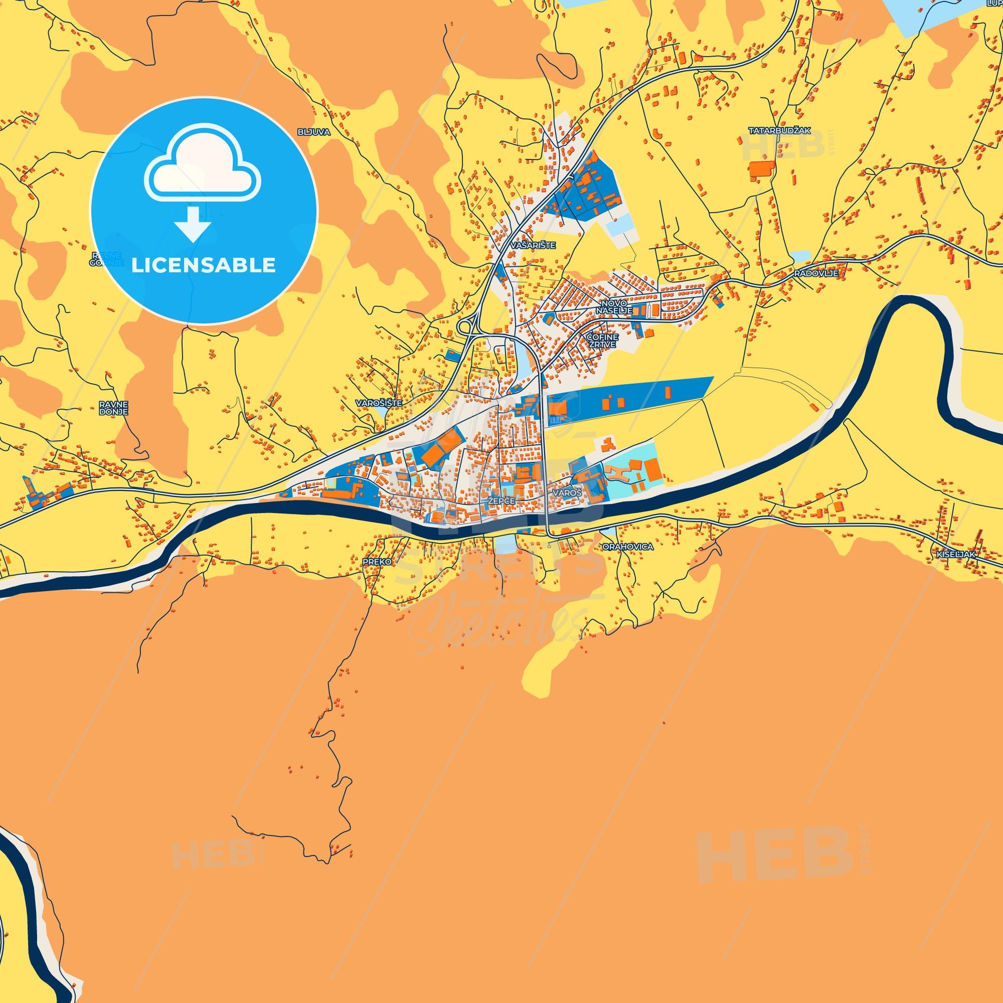 Colorful Žepče Street Map With Labels And Buildings – HEBSTREITS
