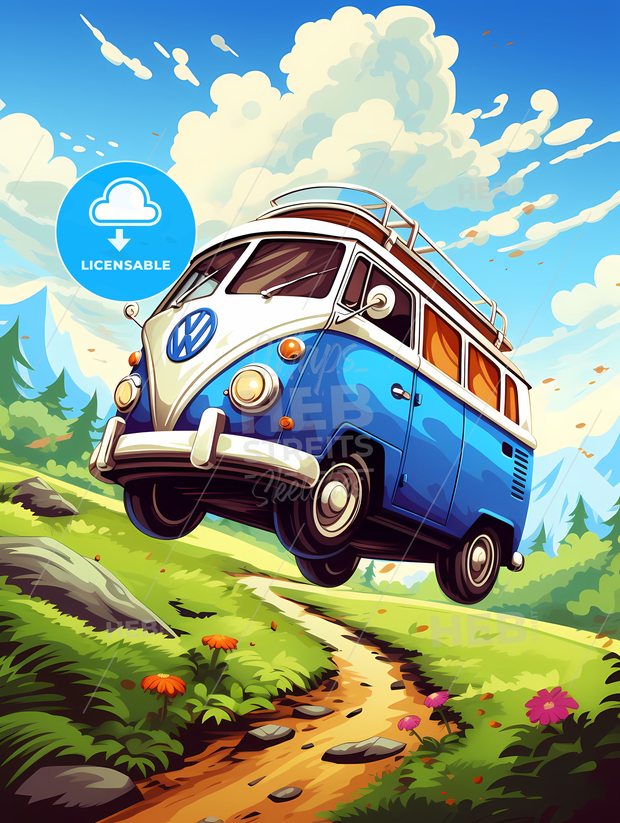 A Cartoon Van Flying Over A Road – HEBSTREITS