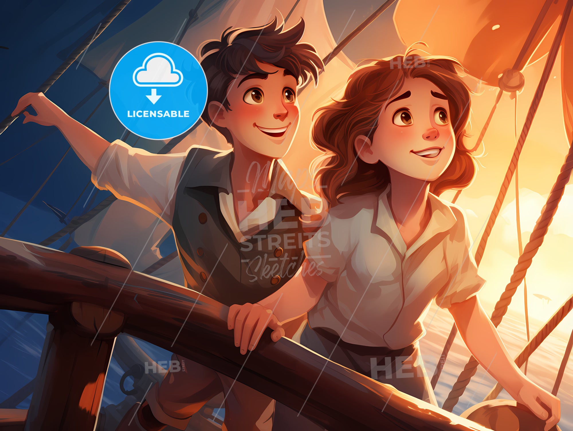 Cartoon Of A Boy And Girl On A Ship - HEBSTREITS