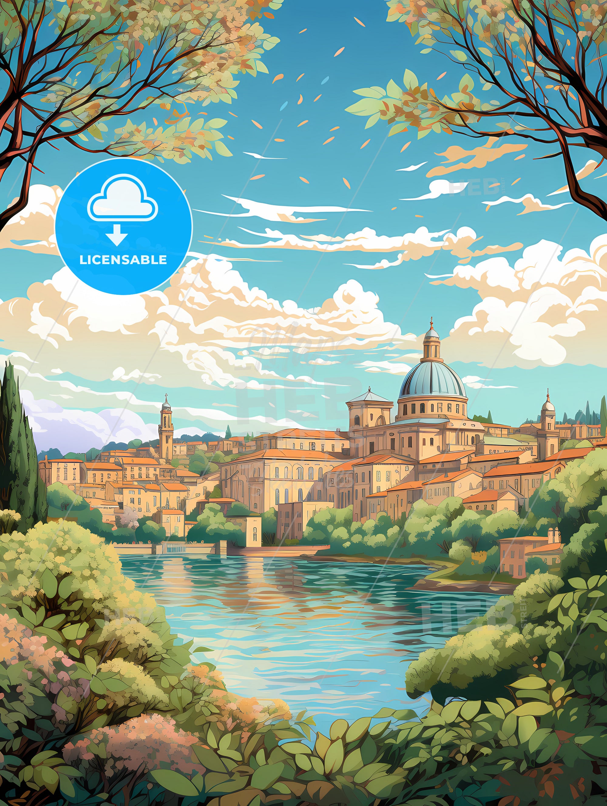 A Landscape Of A City With A River And Trees – HEBSTREITS