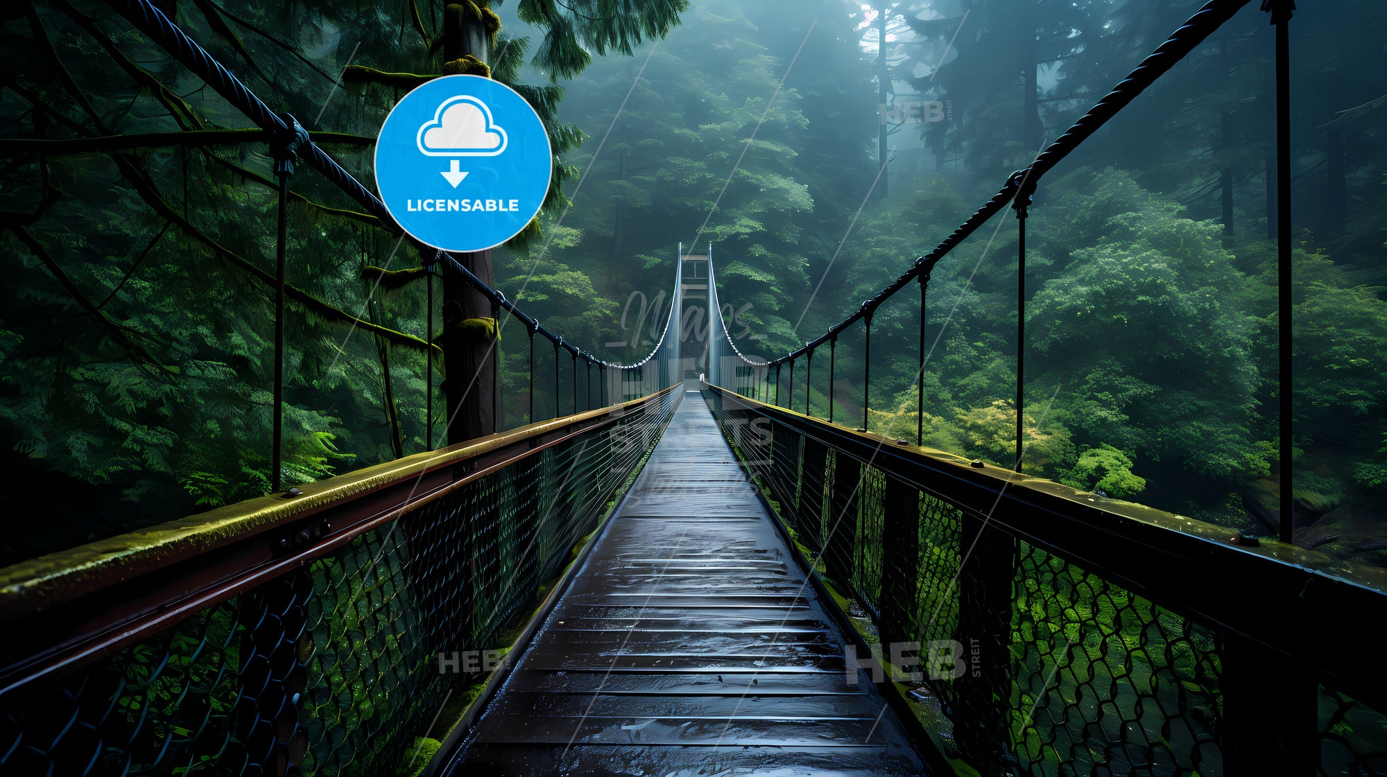 A Bridge With A Rope And A Railing In The Middle Of A Forest ...