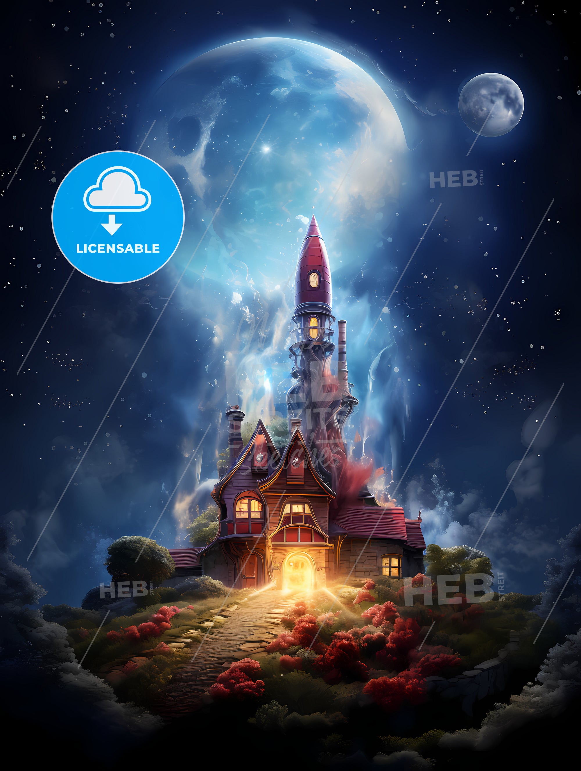 A House With A Rocket On Top And A Moon In The Sky – HEBSTREITS