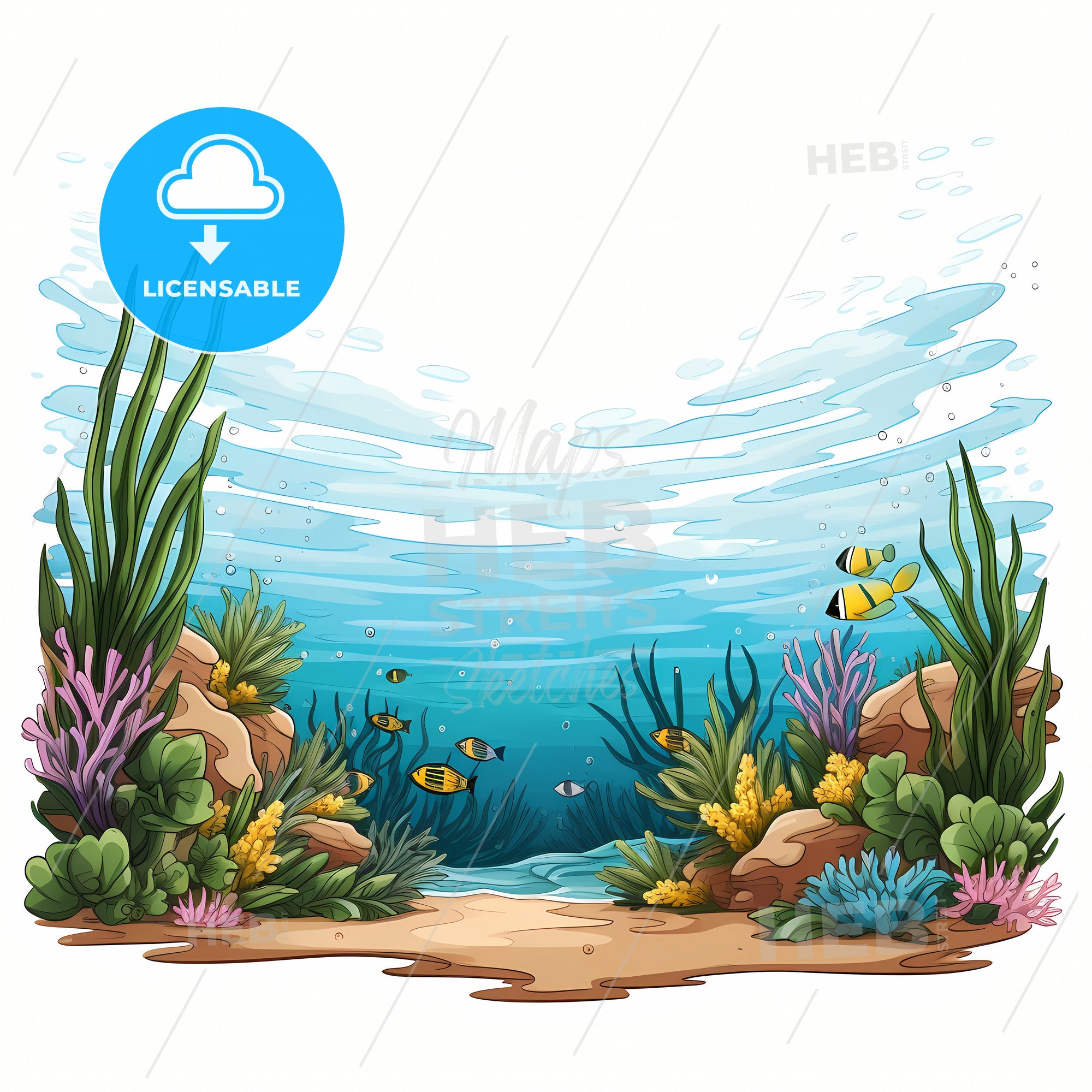 A Ocean View Illustration, A Cartoon Of A Seabed With Fish And Plants ...