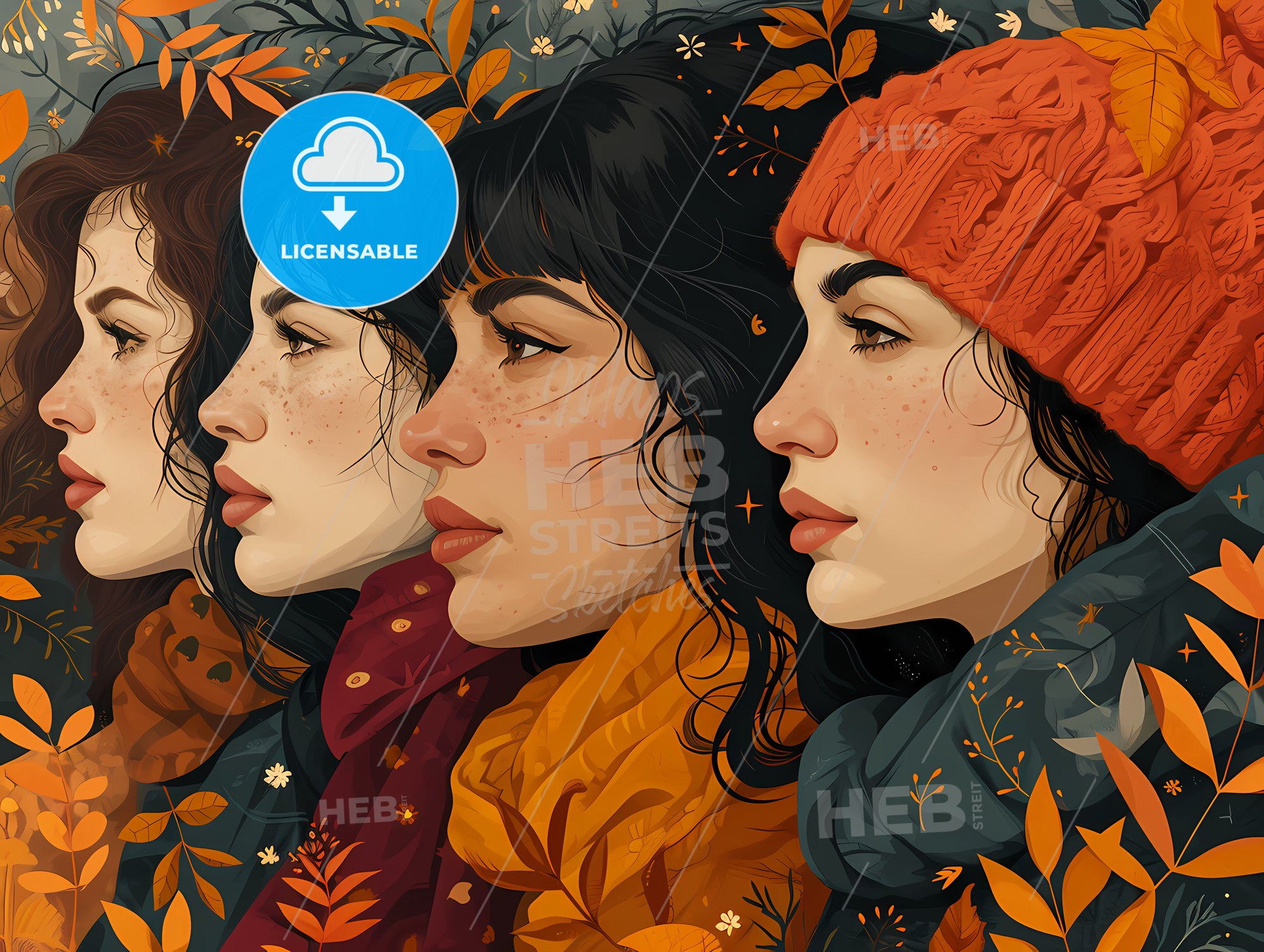 People In Style Of Vector Art, A Group Of Women With Different Colored ...