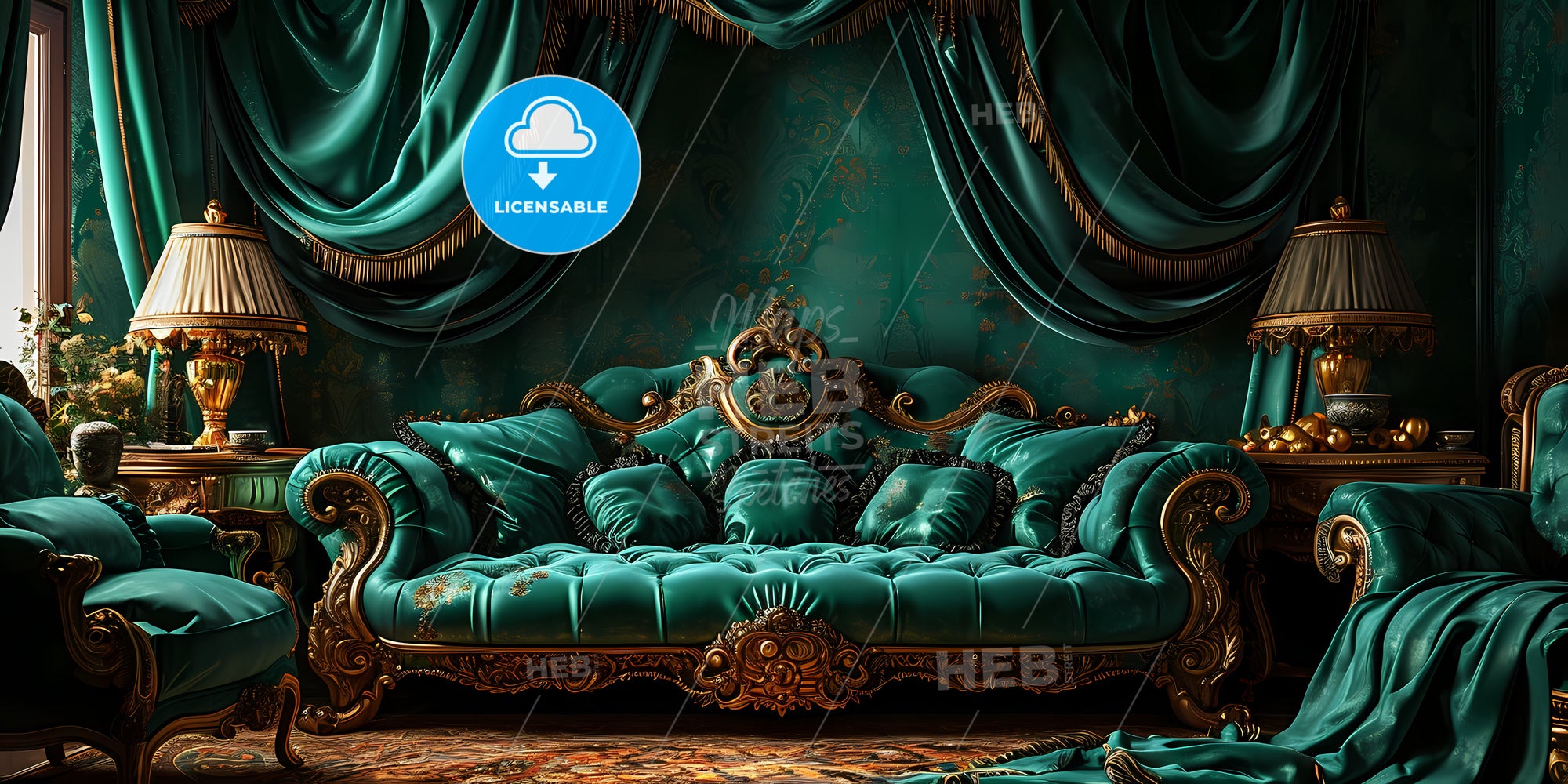 A Huge Green Curtain, A Green Couch With Gold Trim - HEBSTREITS Stock Image