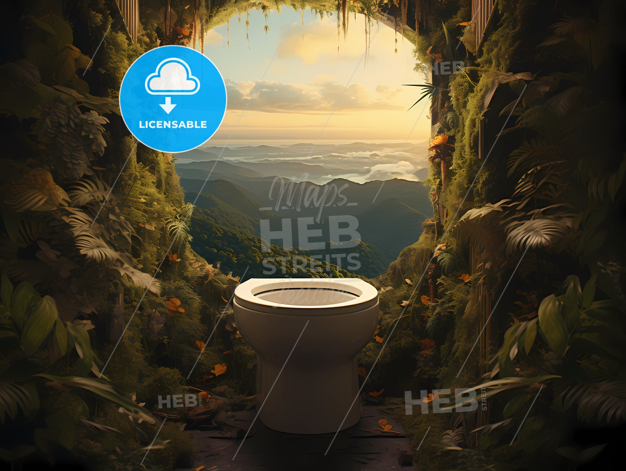 A Realistic Photo Of A Toilet, A Toilet In A Cave With Plants And ...