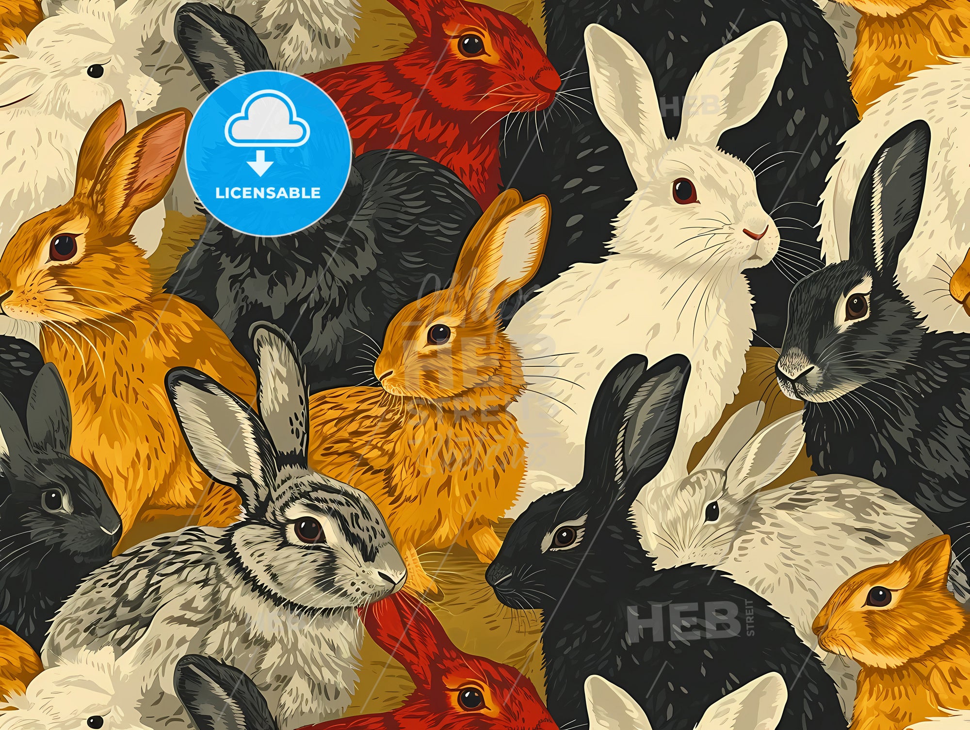 Rabbit Pattern Print, A Group Of Rabbits In Different Colors – HEBSTREITS