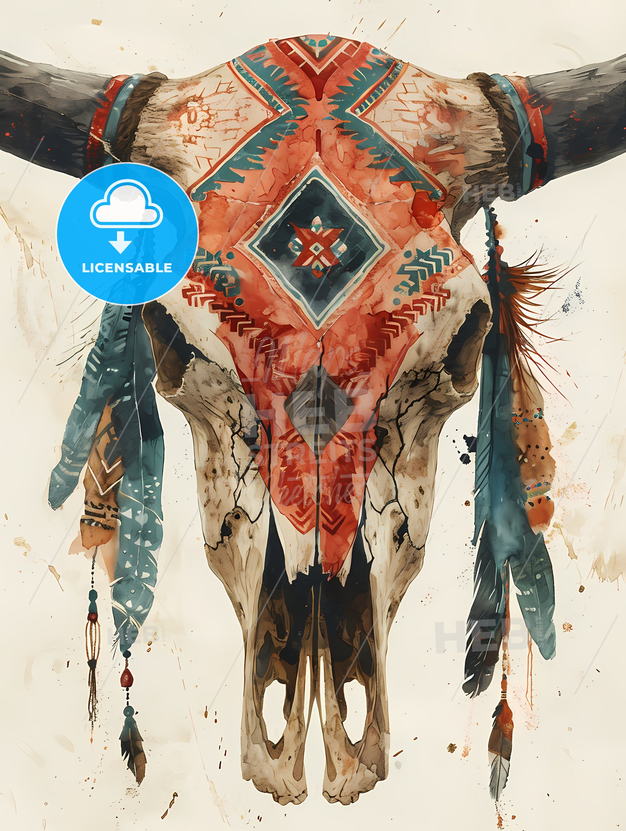Native American Cow Skull, A Painting Of A Skull With Feathers – HEBSTREITS