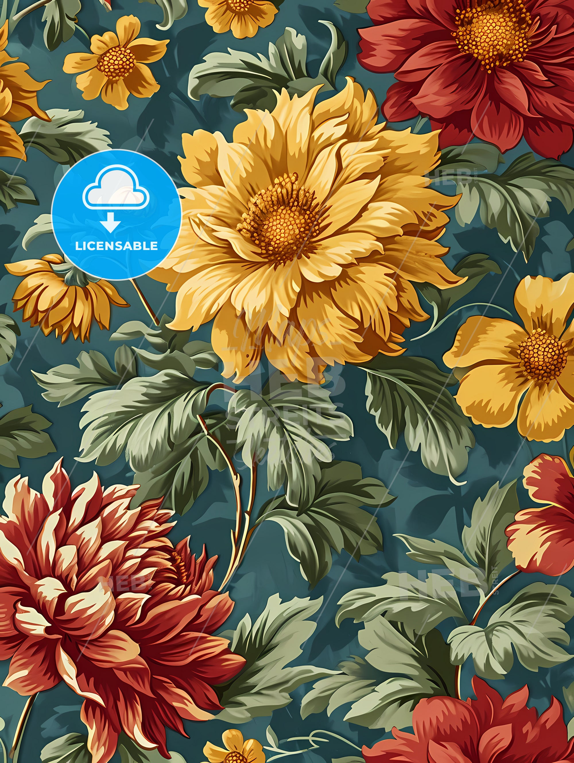 Vintage Wallpaper Design, A Colorful Floral Pattern On A Blue ...