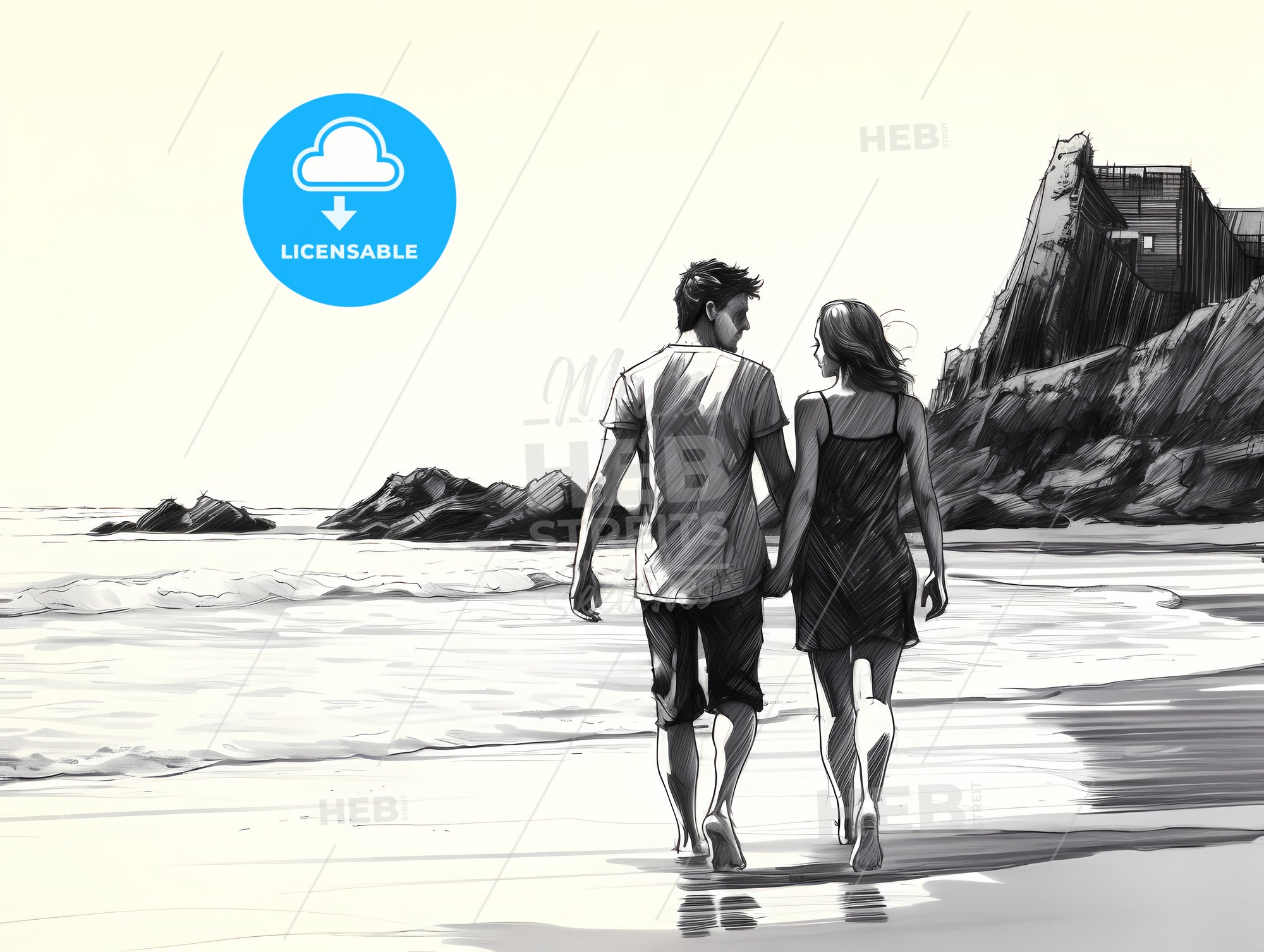 A Young Couple Walked Hand In Hand On The Beach, A Man And Woman ...