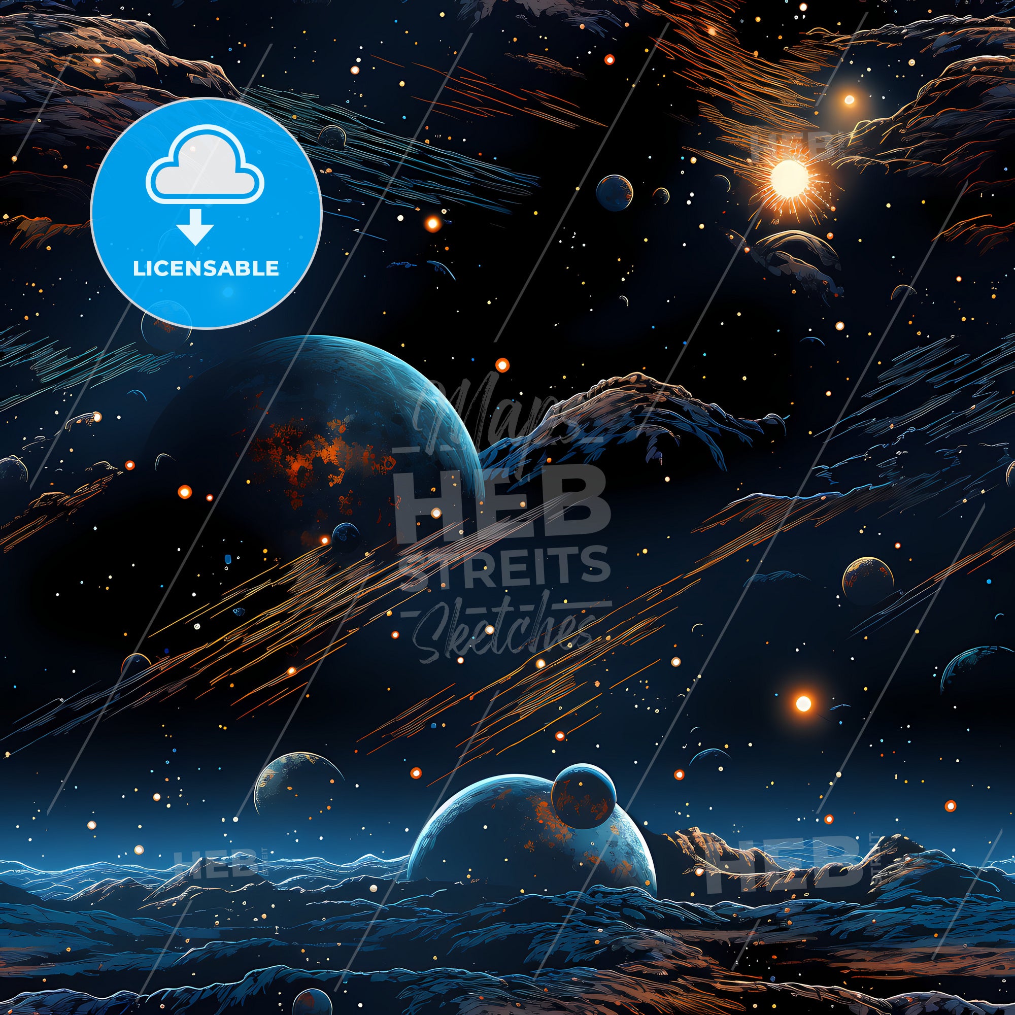 Cosmic Space Seamless Pattern, A Space Scene With Planets And Stars ...