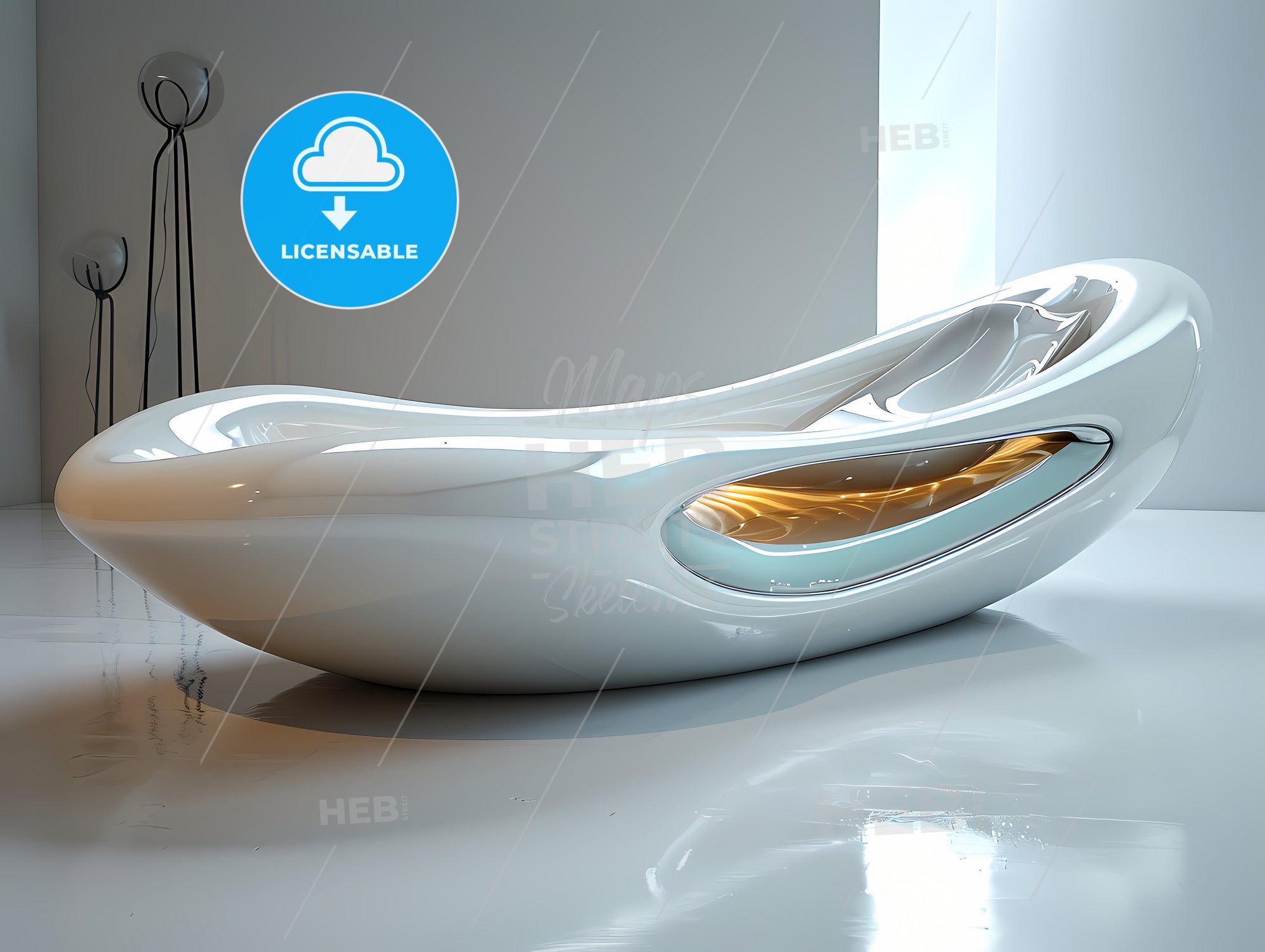 Line Drawing Of Minimal Futuristic Bench, A White Oval Shaped Object On ...