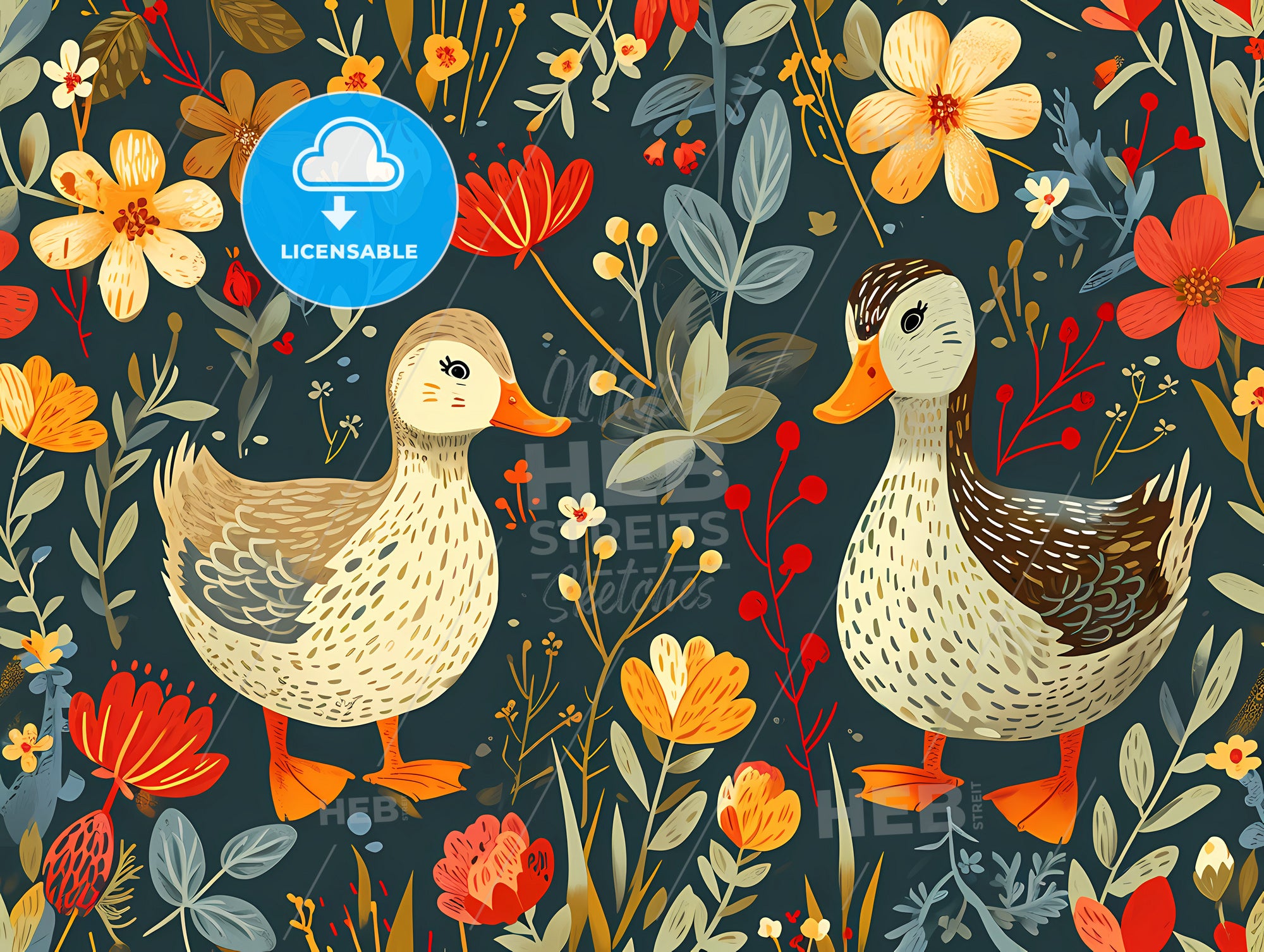 Duck Print, A Pattern Of Ducks And Flowers – HEBSTREITS