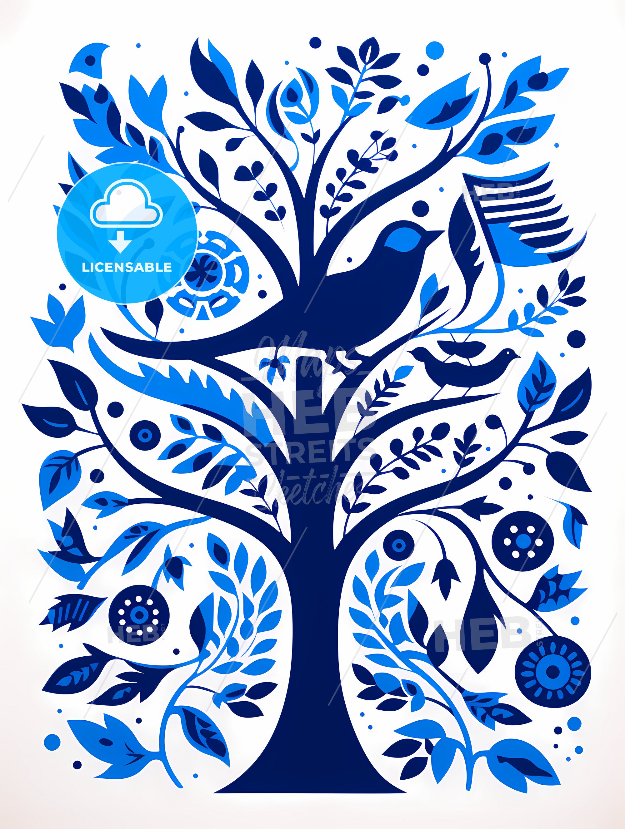 Silkscreened Stencil, A Blue And White Tree With Birds And Flowers ...