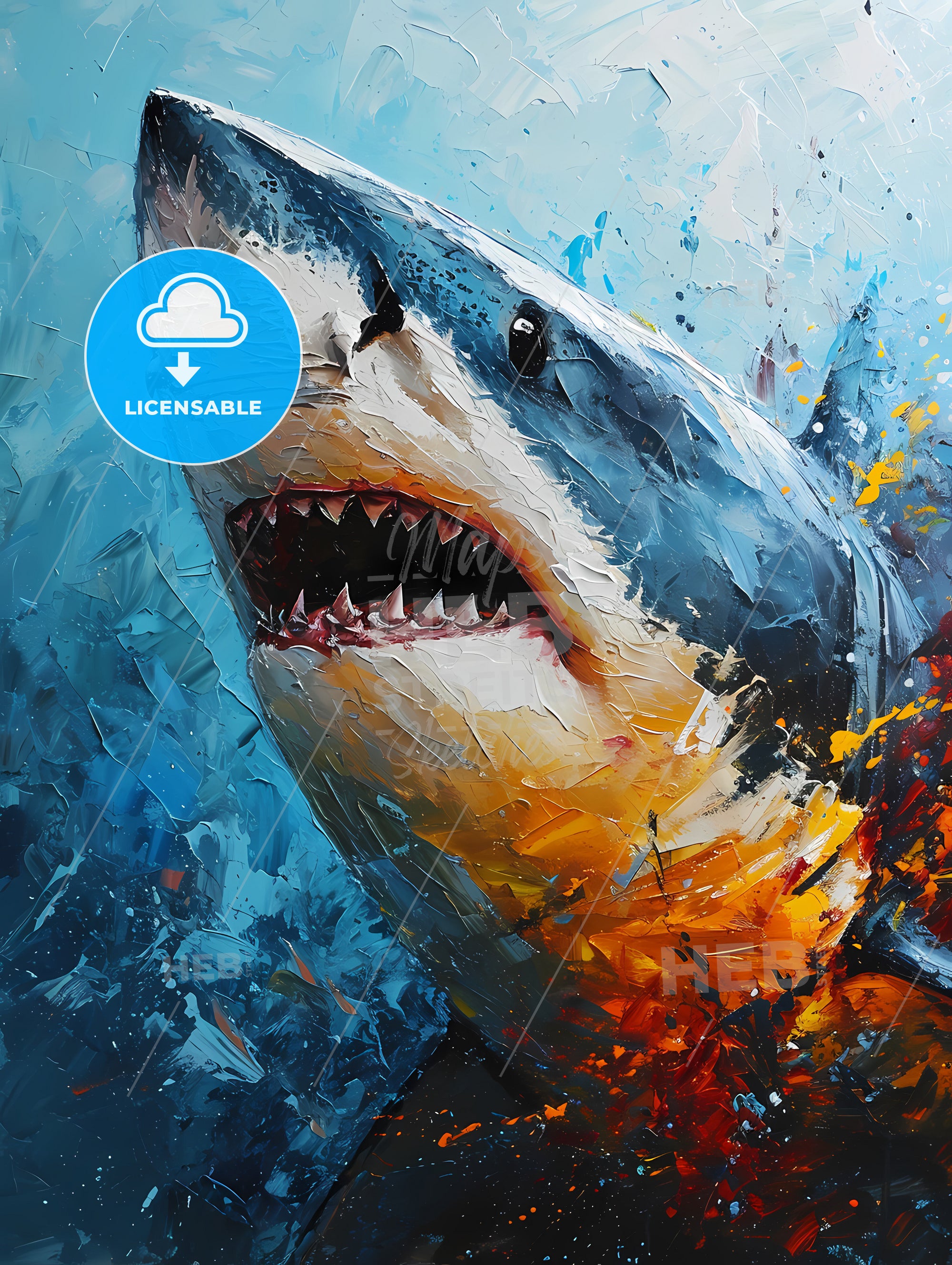 The Shark Portrait With Colorful Background, A Painting Of A Shark ...