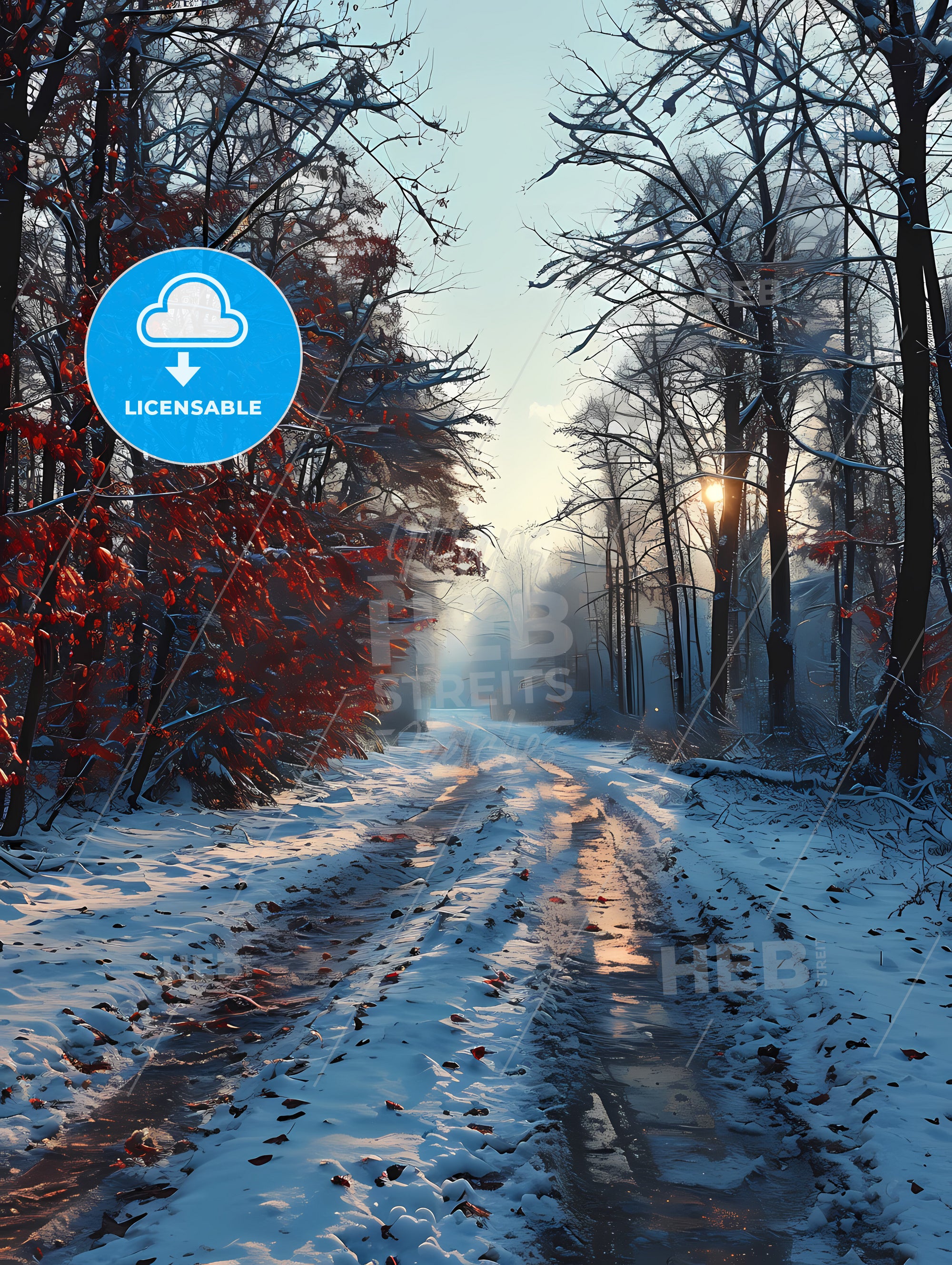 Winter Forrest, A Snow Covered Road With Trees And Red Leaves ...