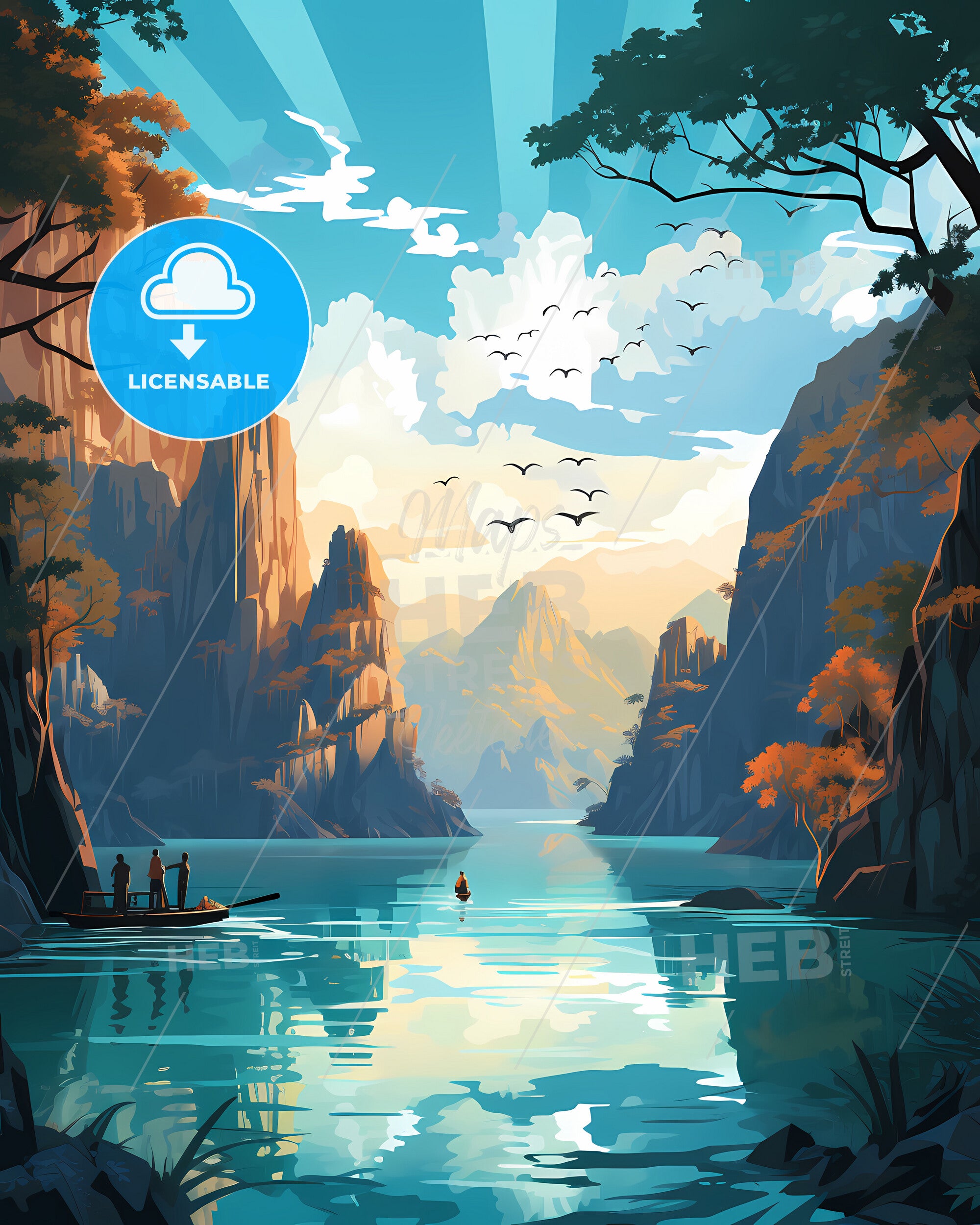 Palawan, Philippines - A Painting Of A River With Mountains And Trees ...