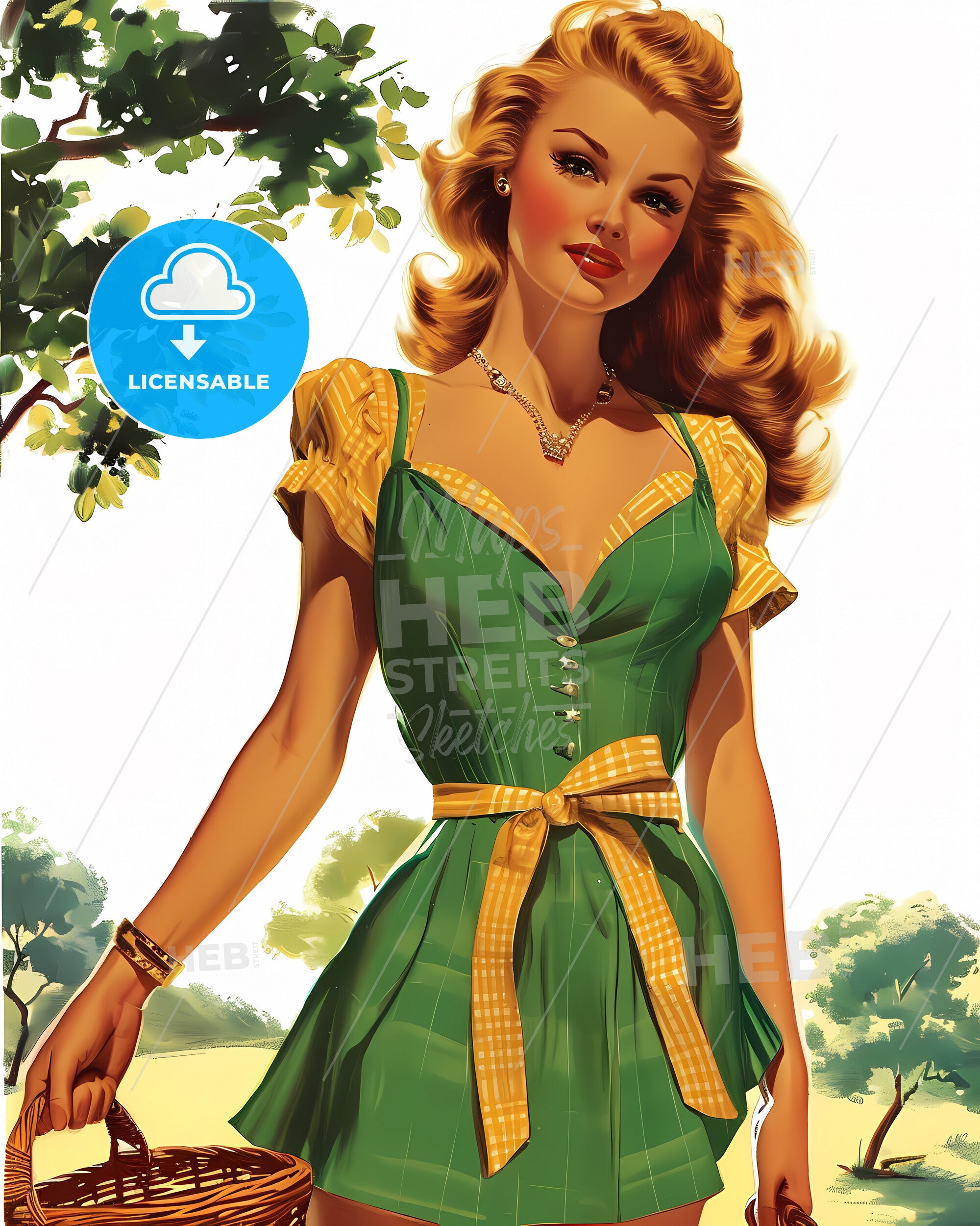 Stunning Girl Holding Picknic Basket - A Woman In A Green Dress ...