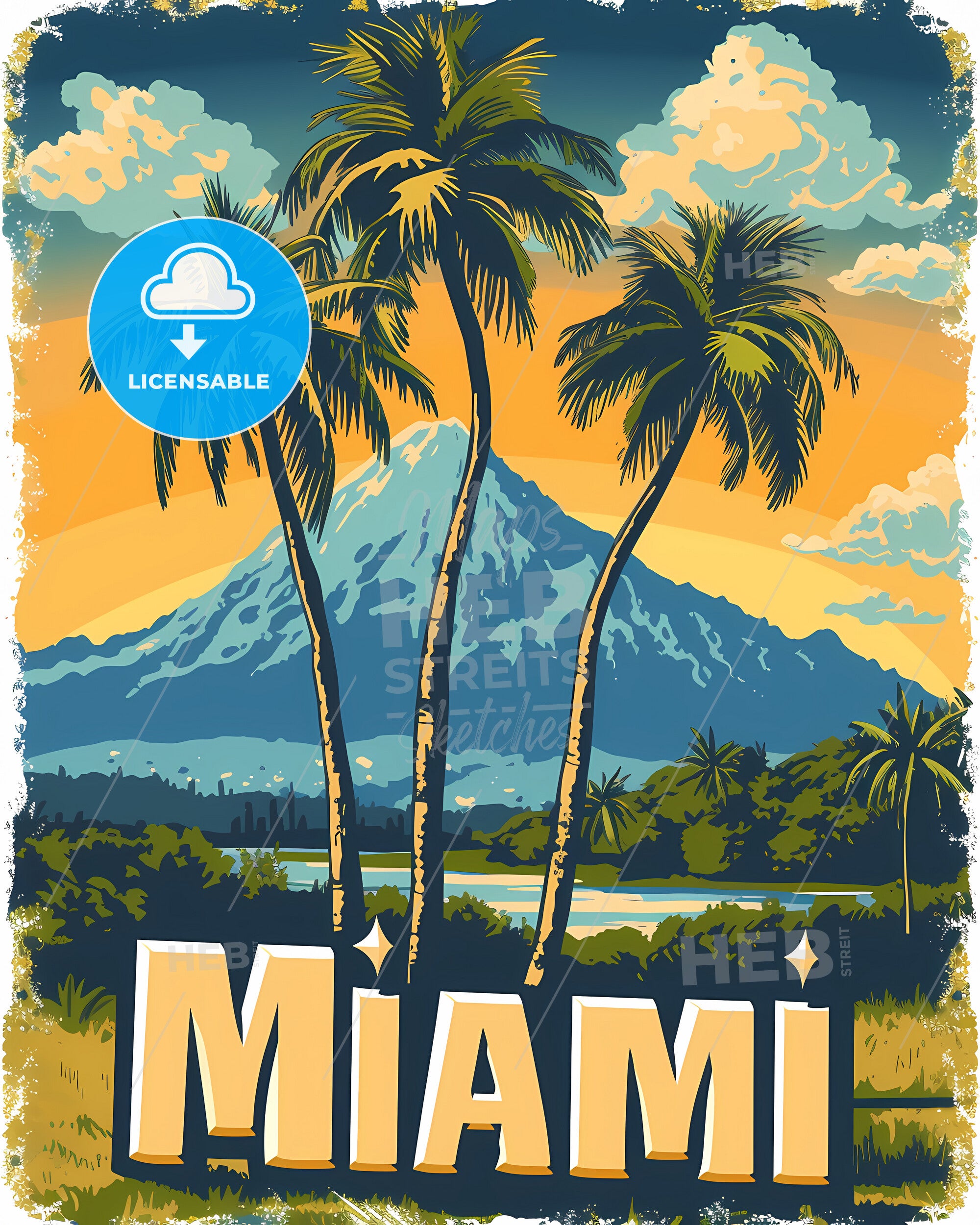 Poster With Bottom Text Miami In Bold Font - A Poster Of A Beach With ...