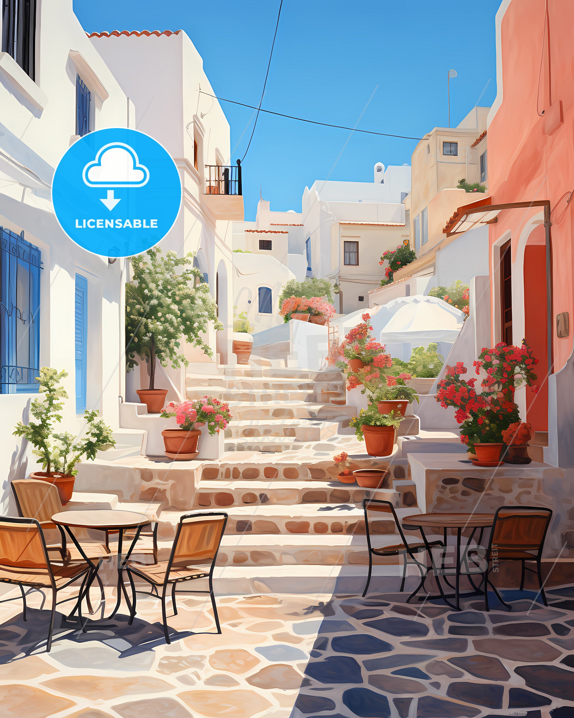 Peristeri, Greece - A Set Of Stairs With Tables And Chairs In Front Of ...