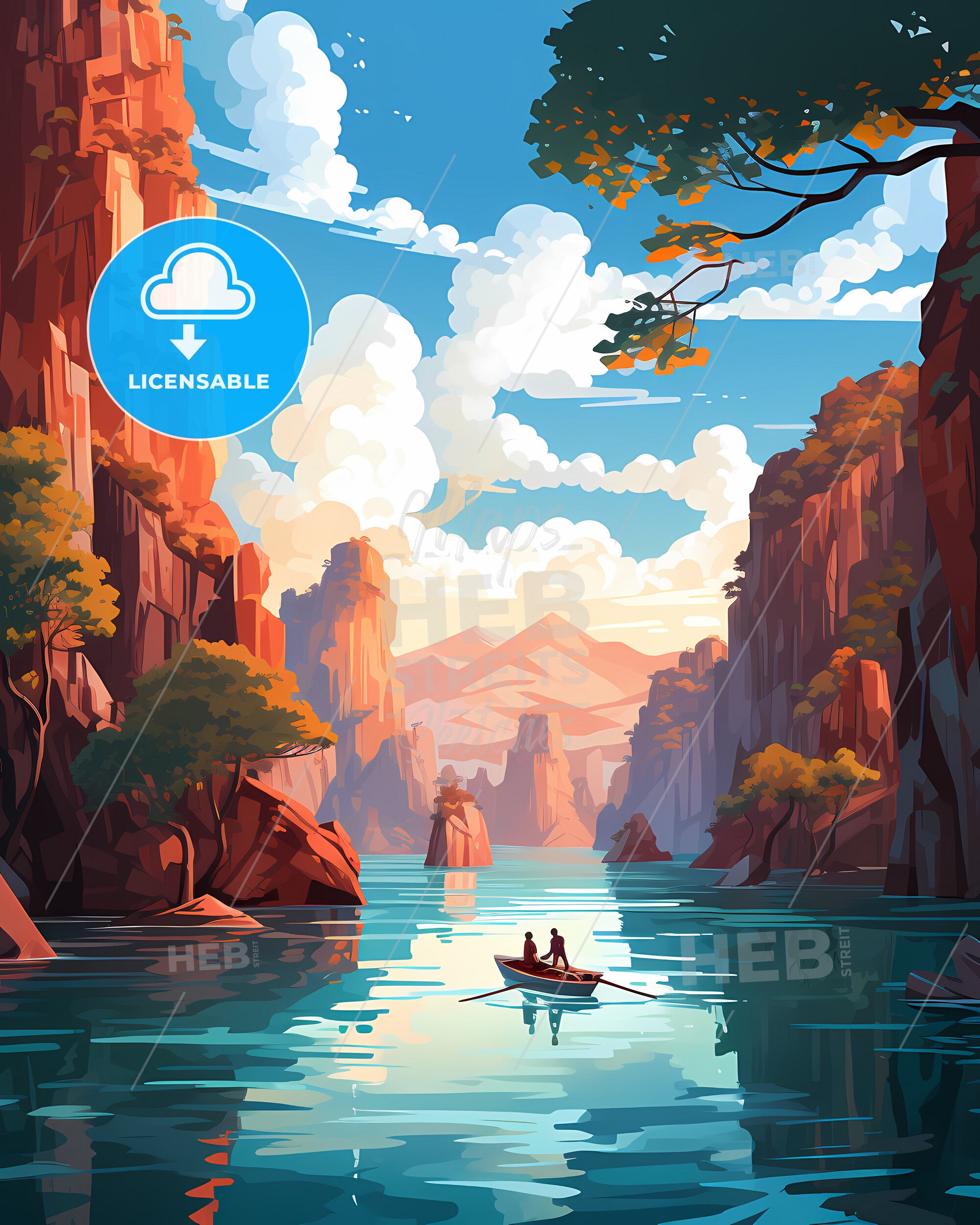 Palawan, Philippines - A Painting Of A River With A Boat In It – HEBSTREITS
