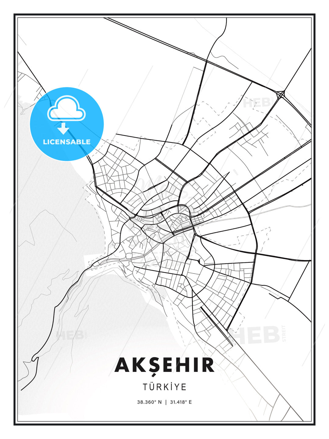 Akşehir, Turkey, Modern Map Print Template in Various Formats - HEBSTREITS
