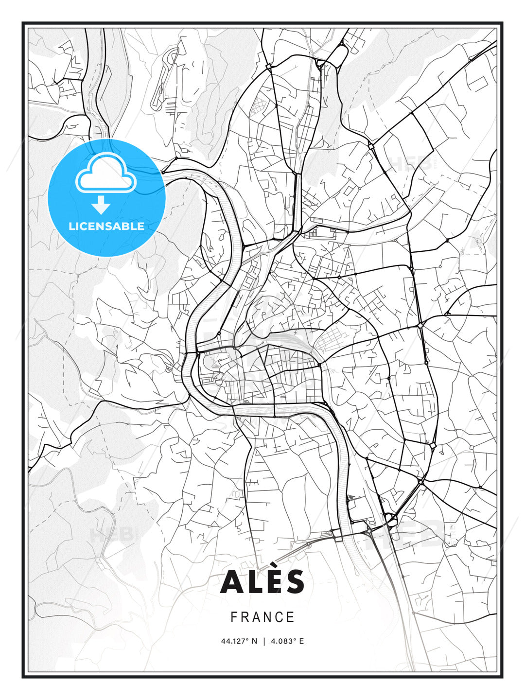Alès, France, Modern Map Print Template in Various Formats - HEBSTREITS
