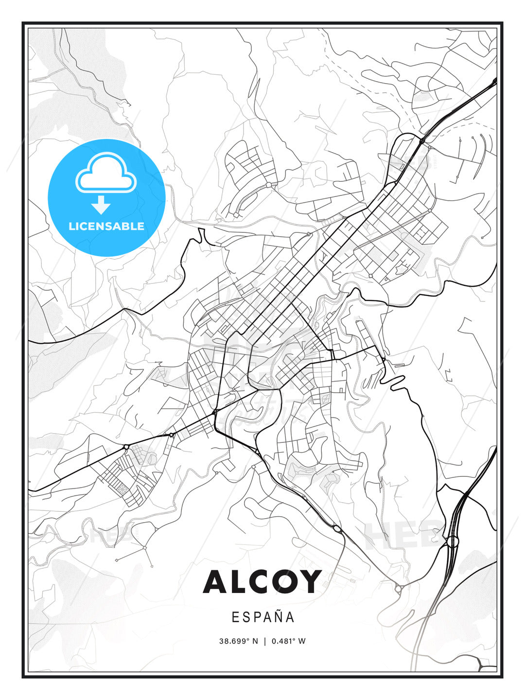 Alcoy, Spain, Modern Map Print Template in Various Formats - HEBSTREITS