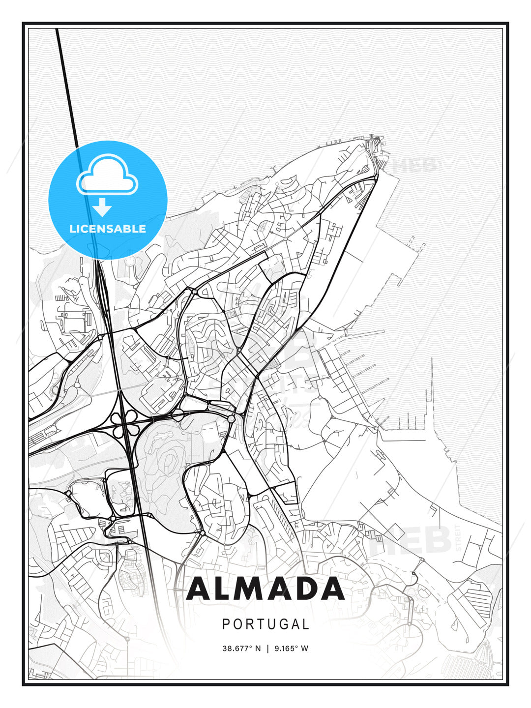 Almada, Portugal, Modern Map Print Template in Various Formats - HEBSTREITS