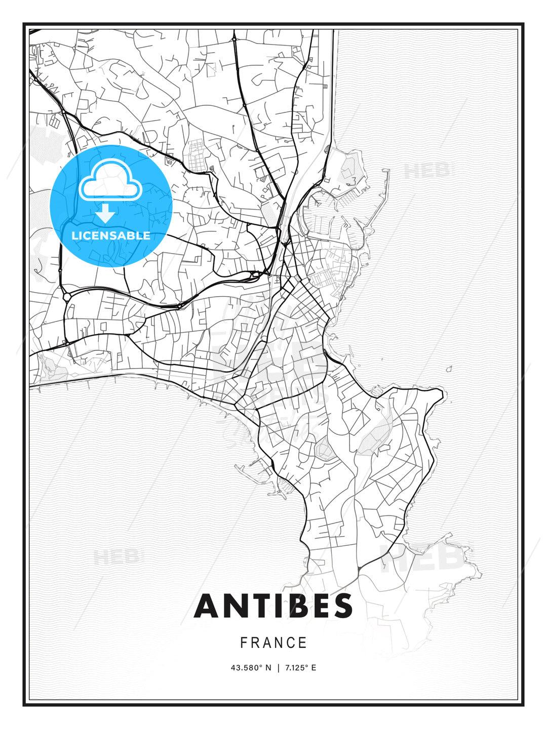 Antibes, France, Modern Map Print Template in Various Formats - HEBSTREITS