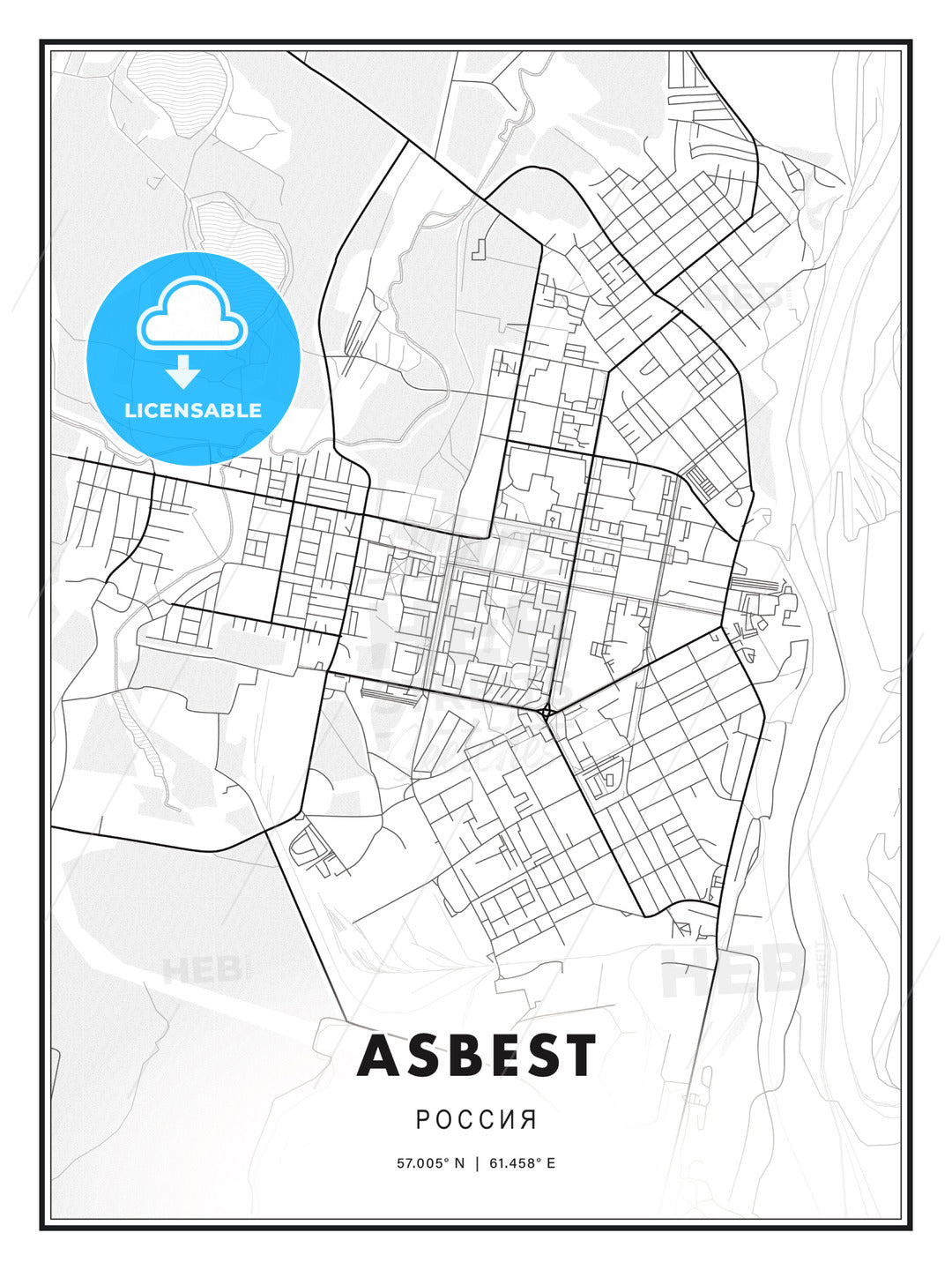 Asbest, Russia, Modern Map Print Template in Various Formats - HEBSTREITS