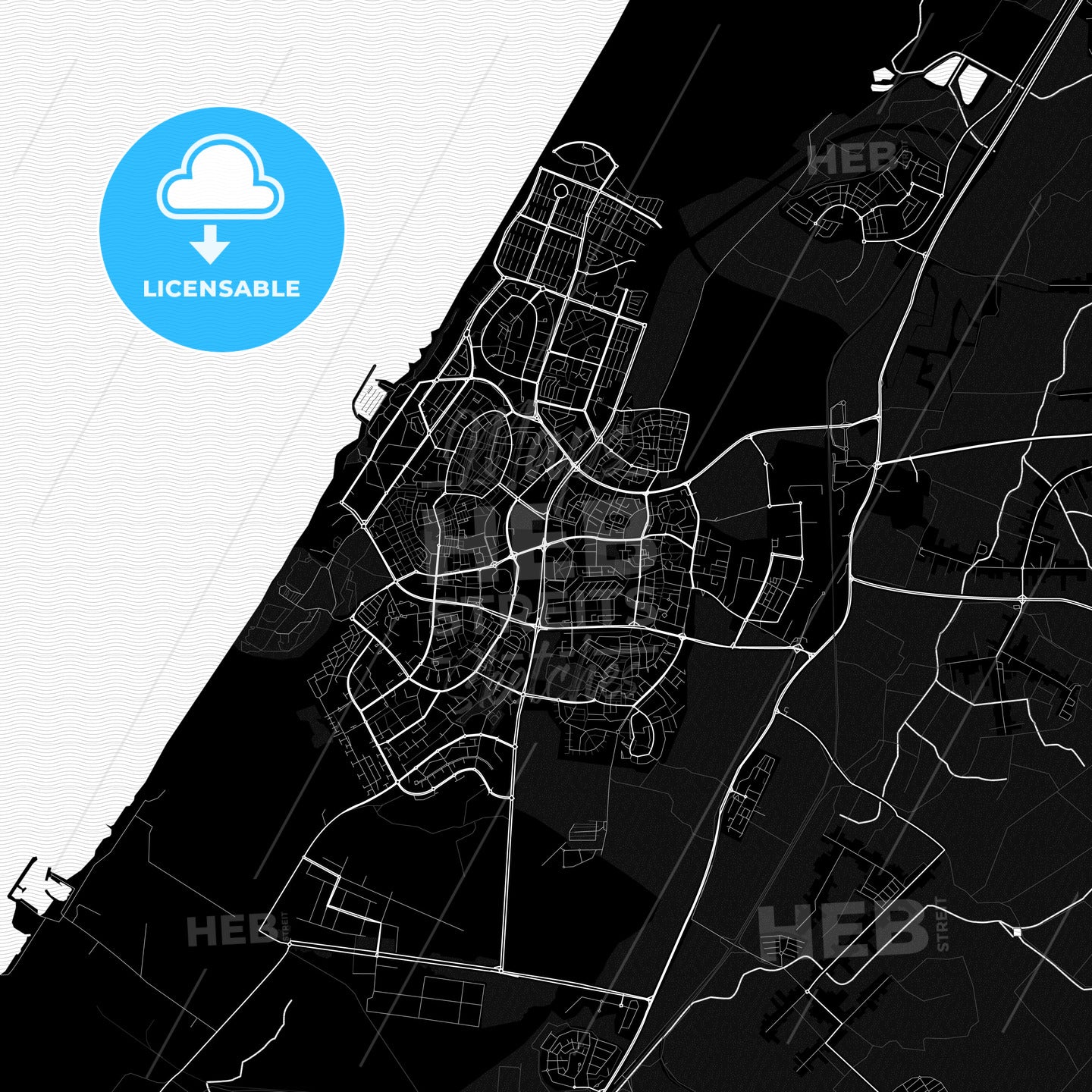 Ashkelon, Israel PDF vector map black and white - HEBSTREITS