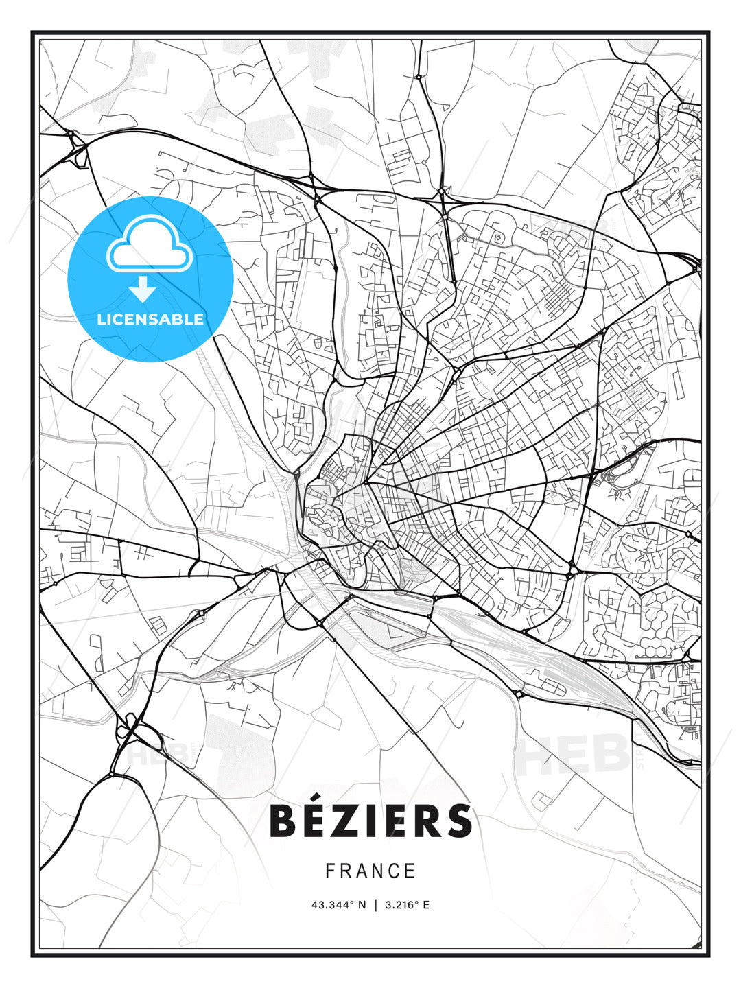 Béziers, France, Modern Map Print Template in Various Formats - HEBSTREITS