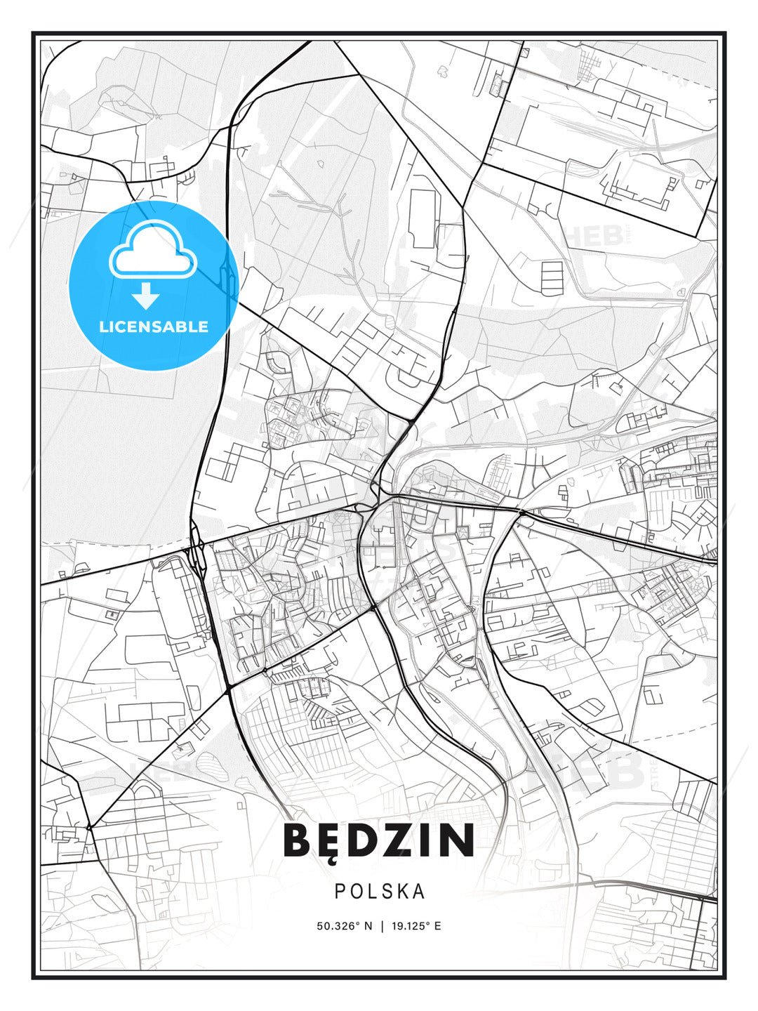 Będzin, Poland, Modern Map Print Template in Various Formats - HEBSTREITS