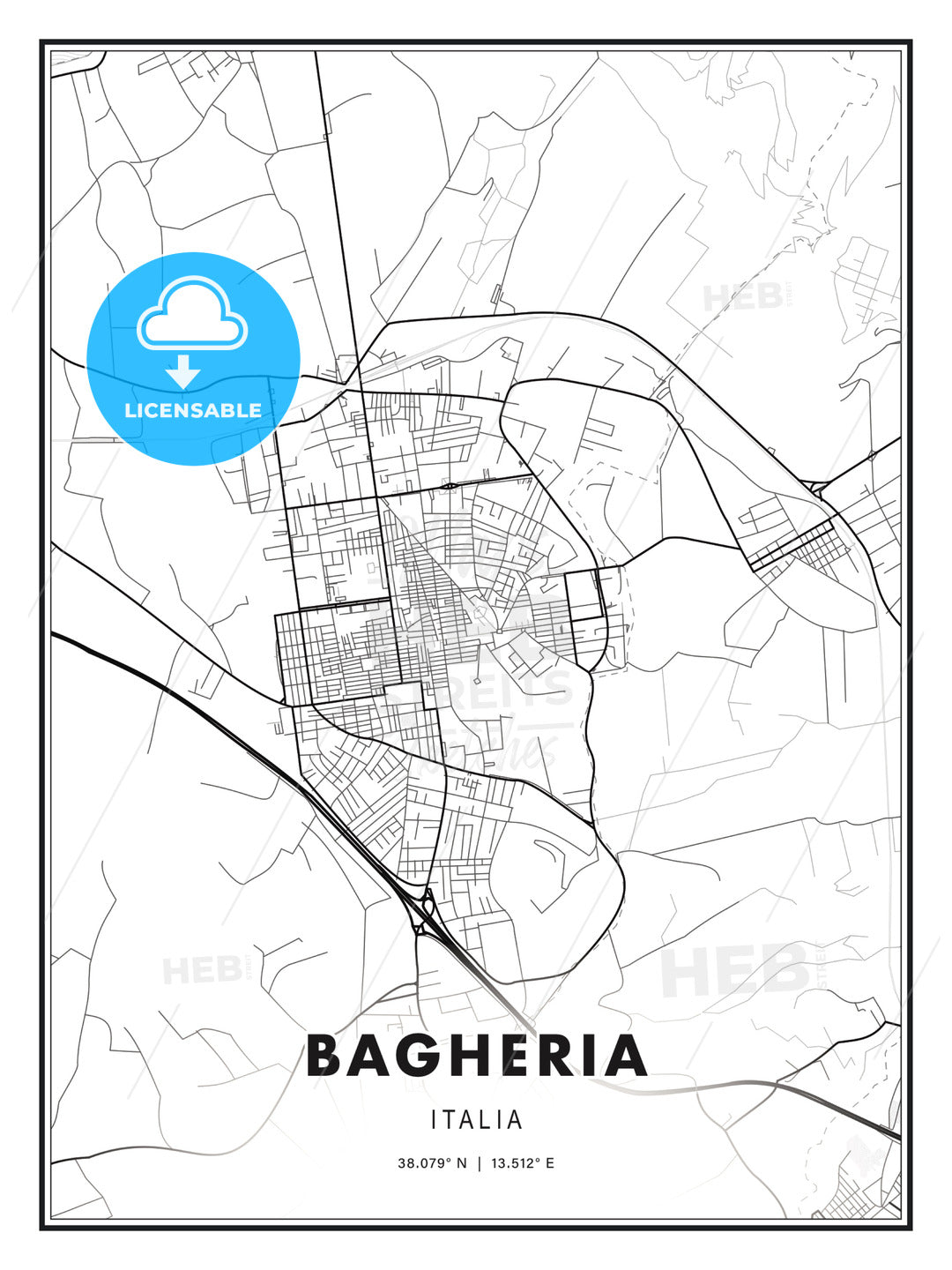 Bagheria, Italy, Modern Map Print Template in Various Formats - HEBSTREITS