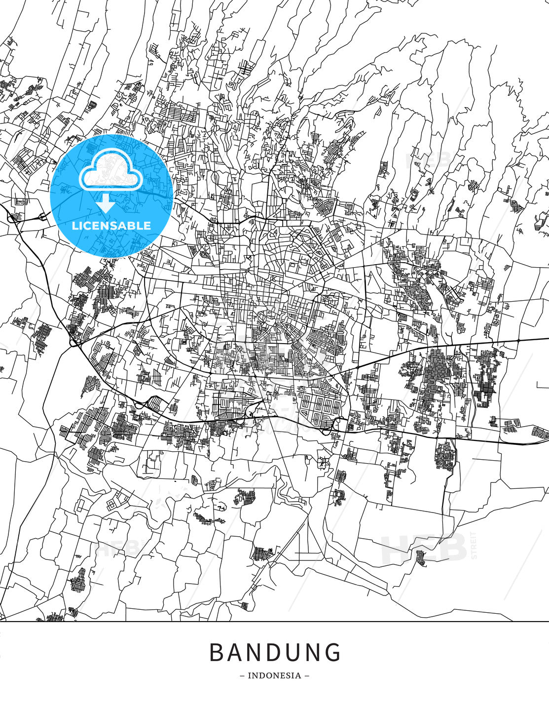 Bandung, Indonesia, Map poster borderless print template - HEBSTREITS