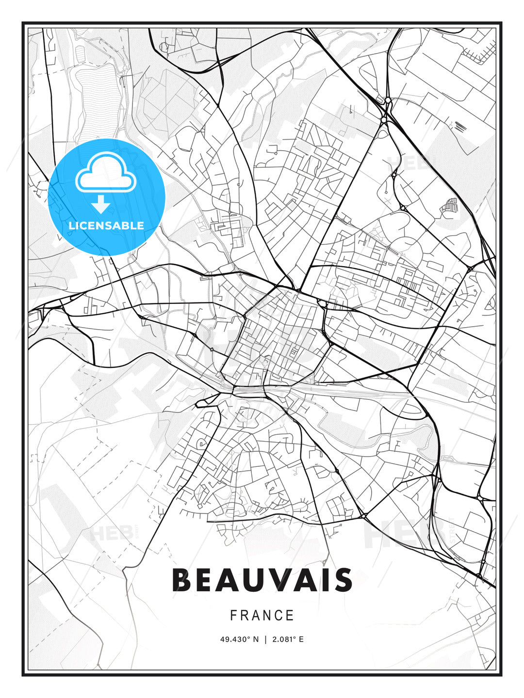 Beauvais, France, Modern Map Print Template in Various Formats - HEBSTREITS