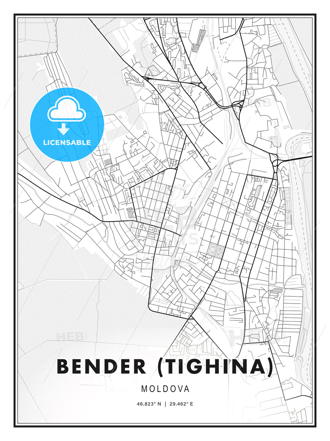 Bender (Tighina), Moldova, Modern Map Print Template in Various Formats ...