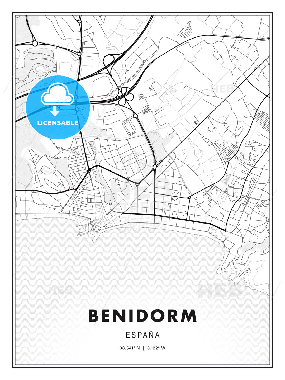 Benidorm, Spain, Modern Map Print Template in Various Formats - HEBSTREITS