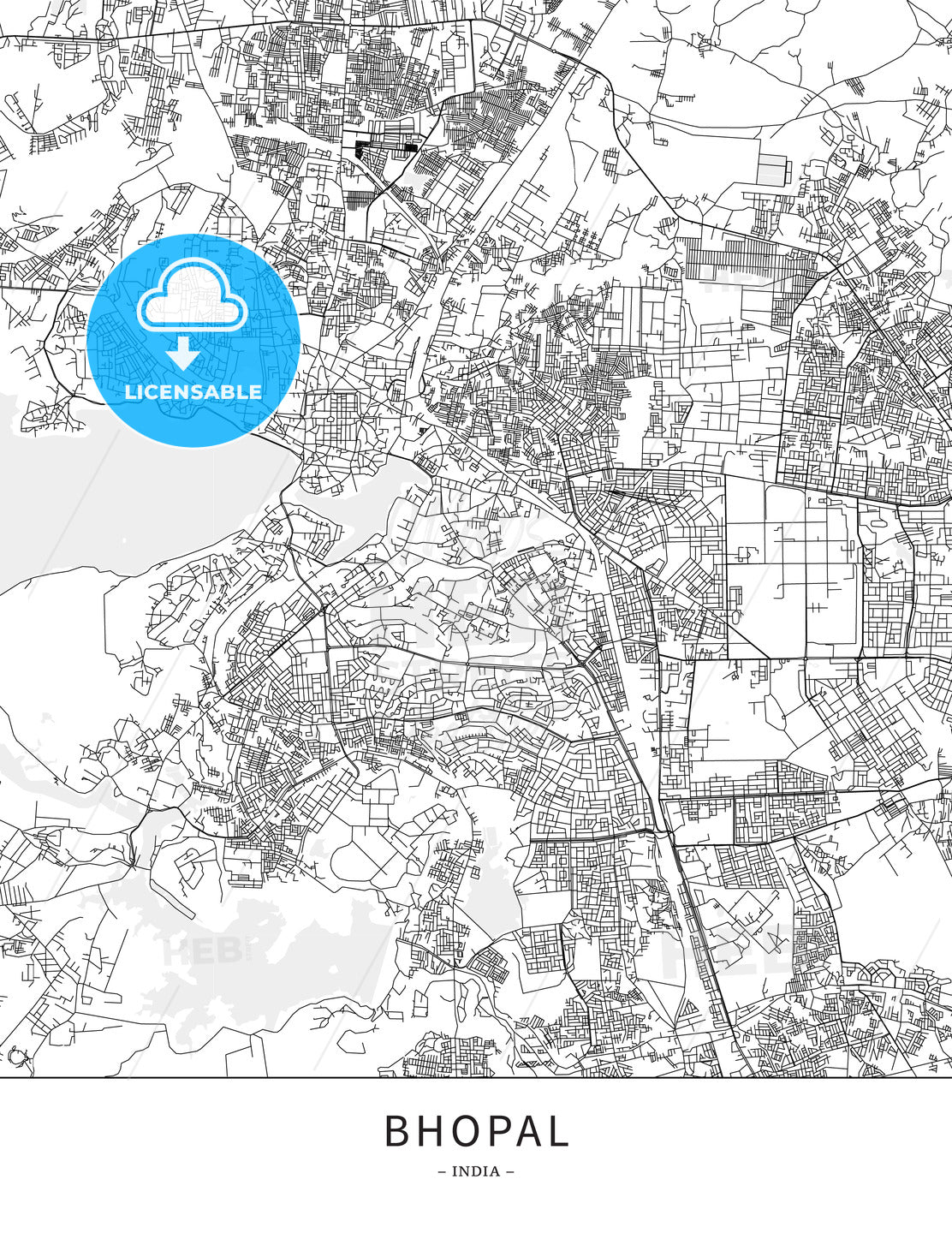 Bhopal, India, Map poster borderless print template - HEBSTREITS