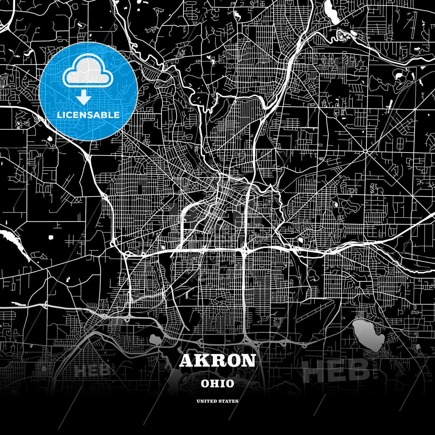 Black map poster template of Akron, Ohio, USA - HEBSTREITS