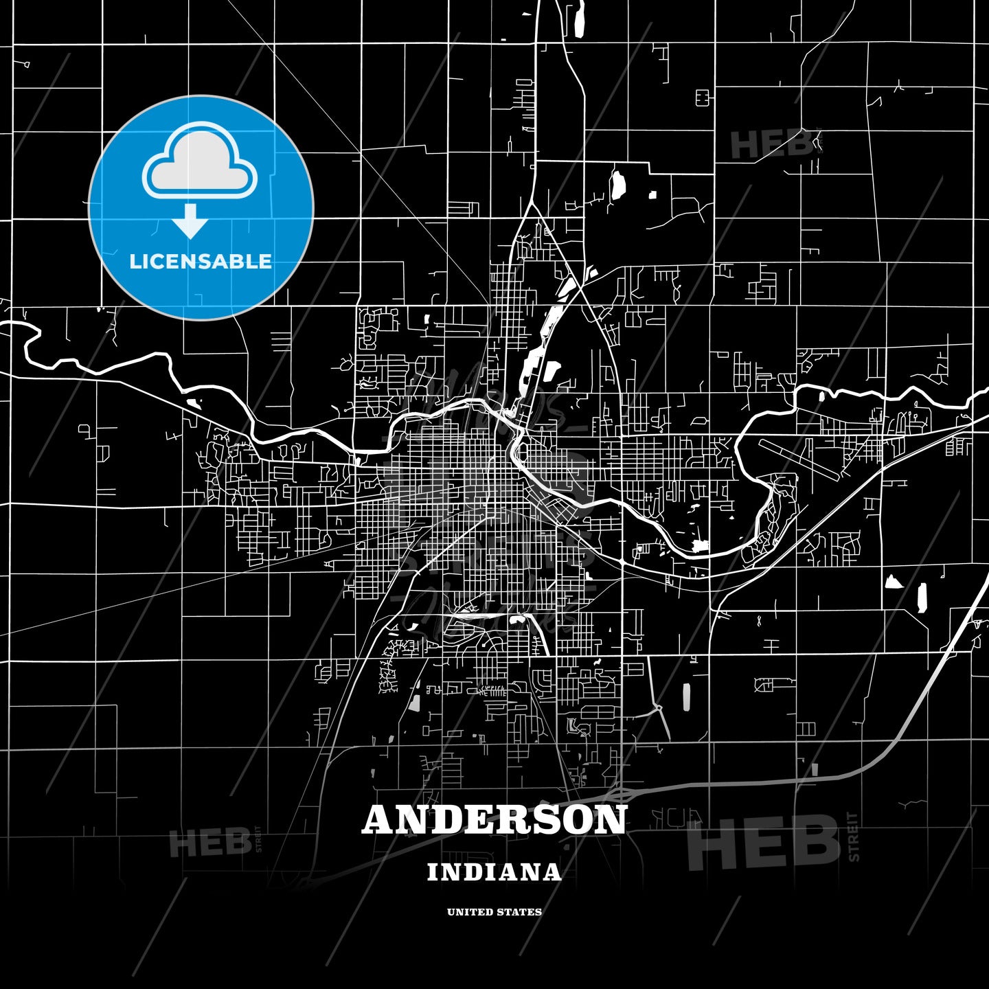 Black map poster template of Anderson, Indiana, USA - HEBSTREITS