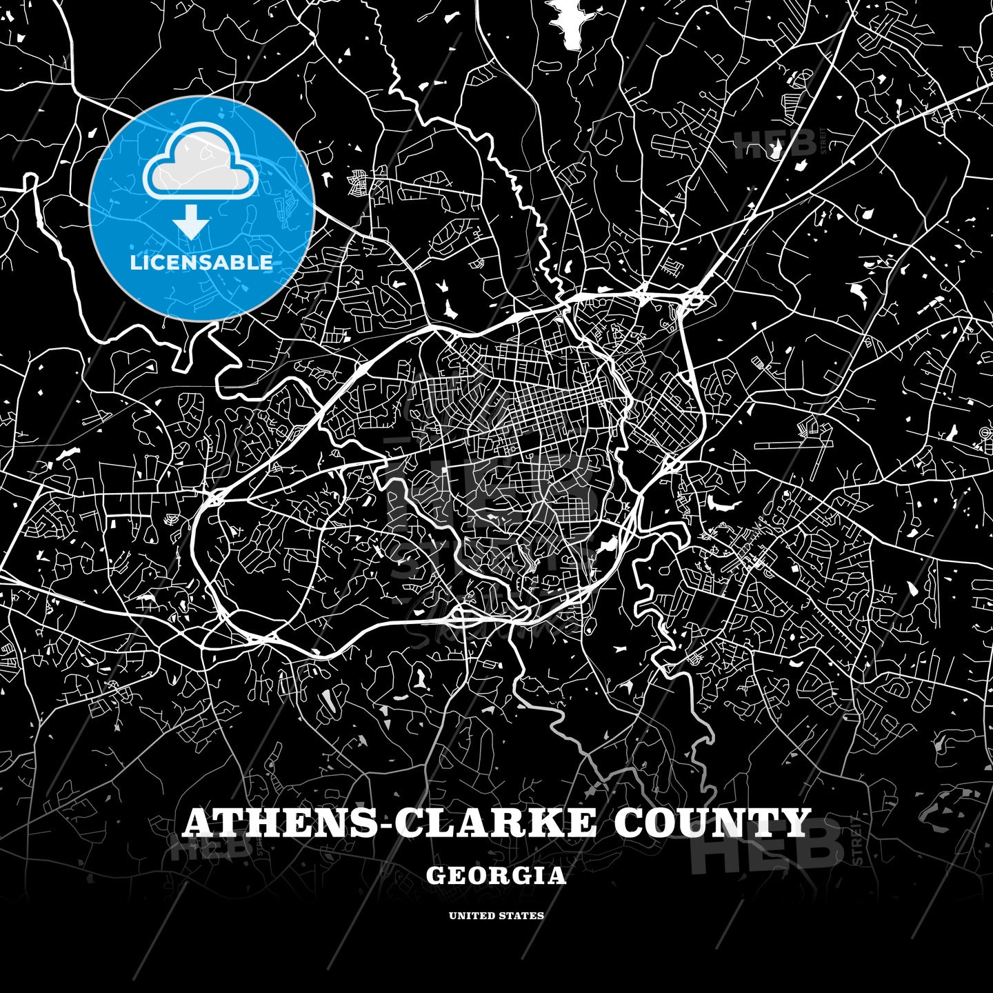 Black map poster template of Athens-Clarke County, Georgia, USA ...