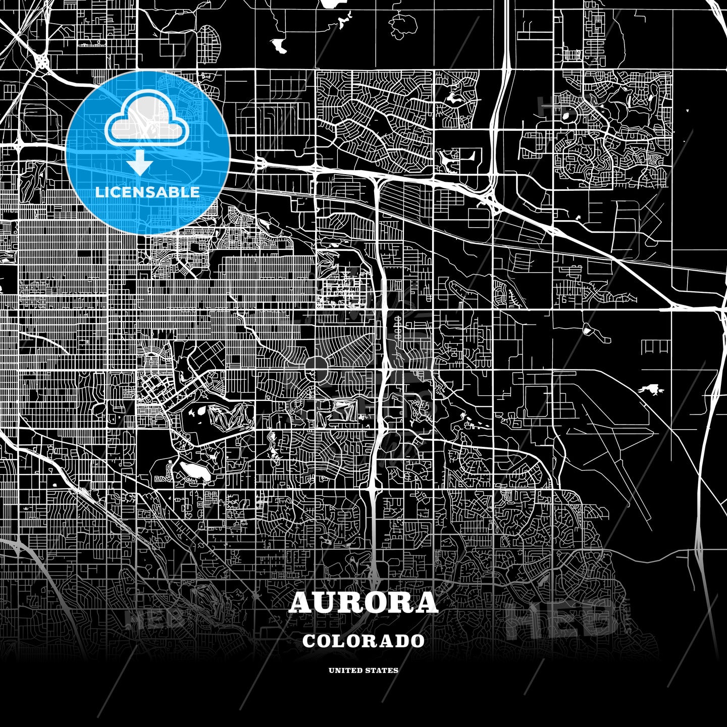 Black map poster template of Aurora, Colorado, USA - HEBSTREITS