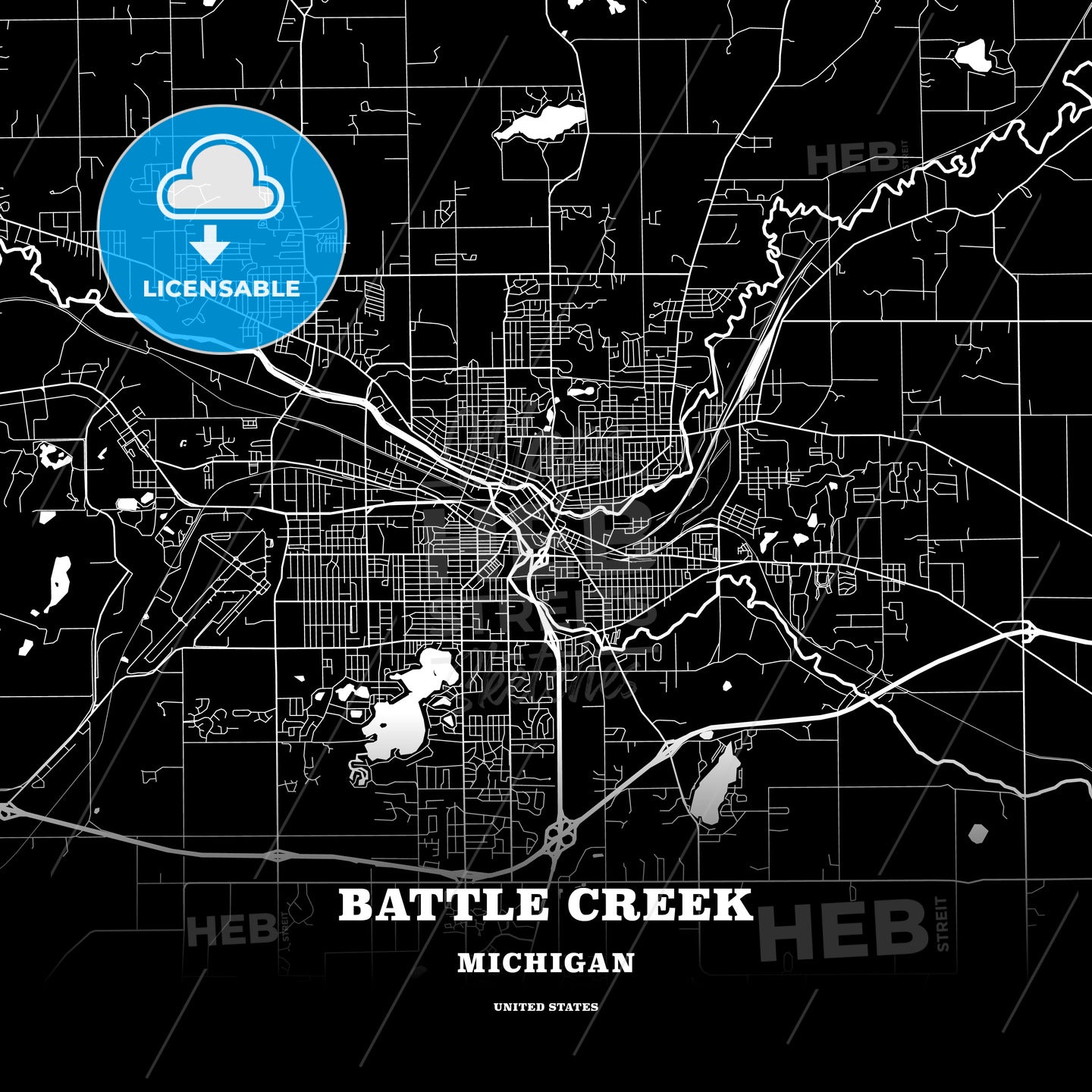 Black map poster template of Battle Creek, Michigan, USA - HEBSTREITS