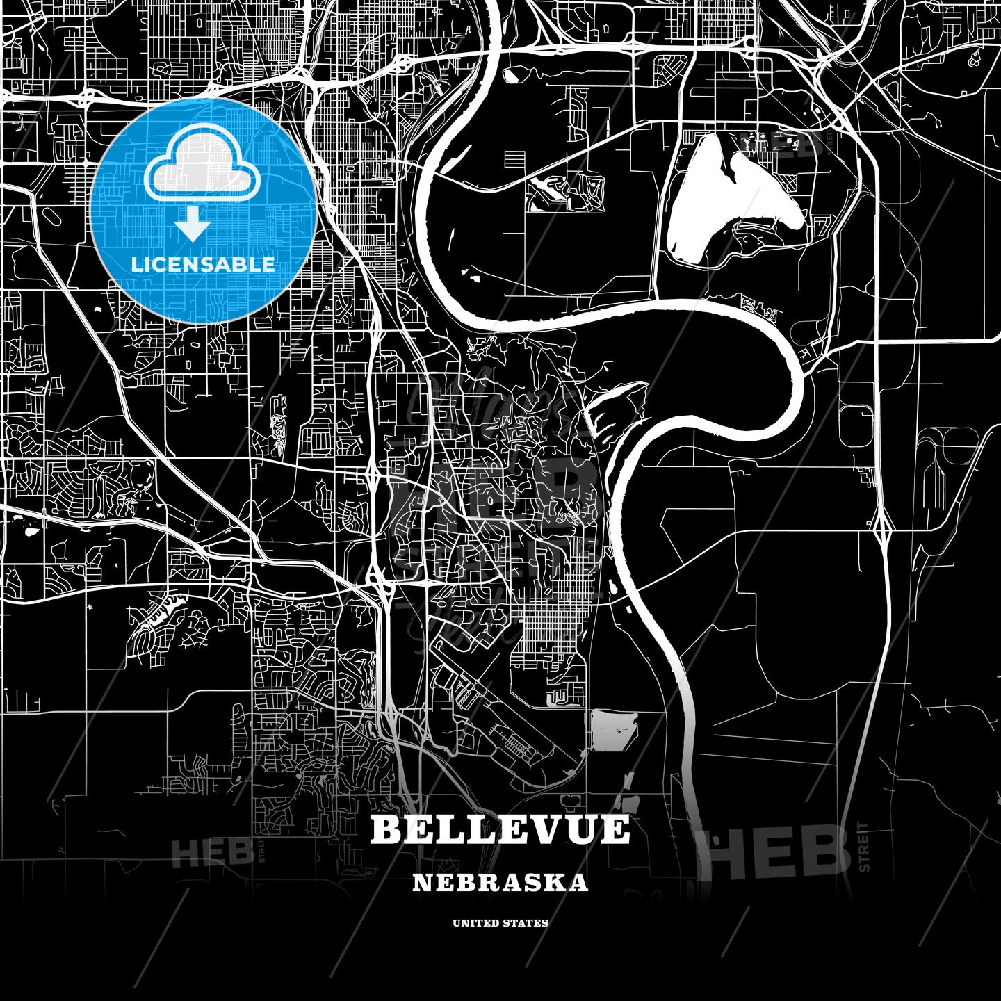 Black Map Poster Template Of Bellevue, Nebraska, Usa – HEBSTREITS