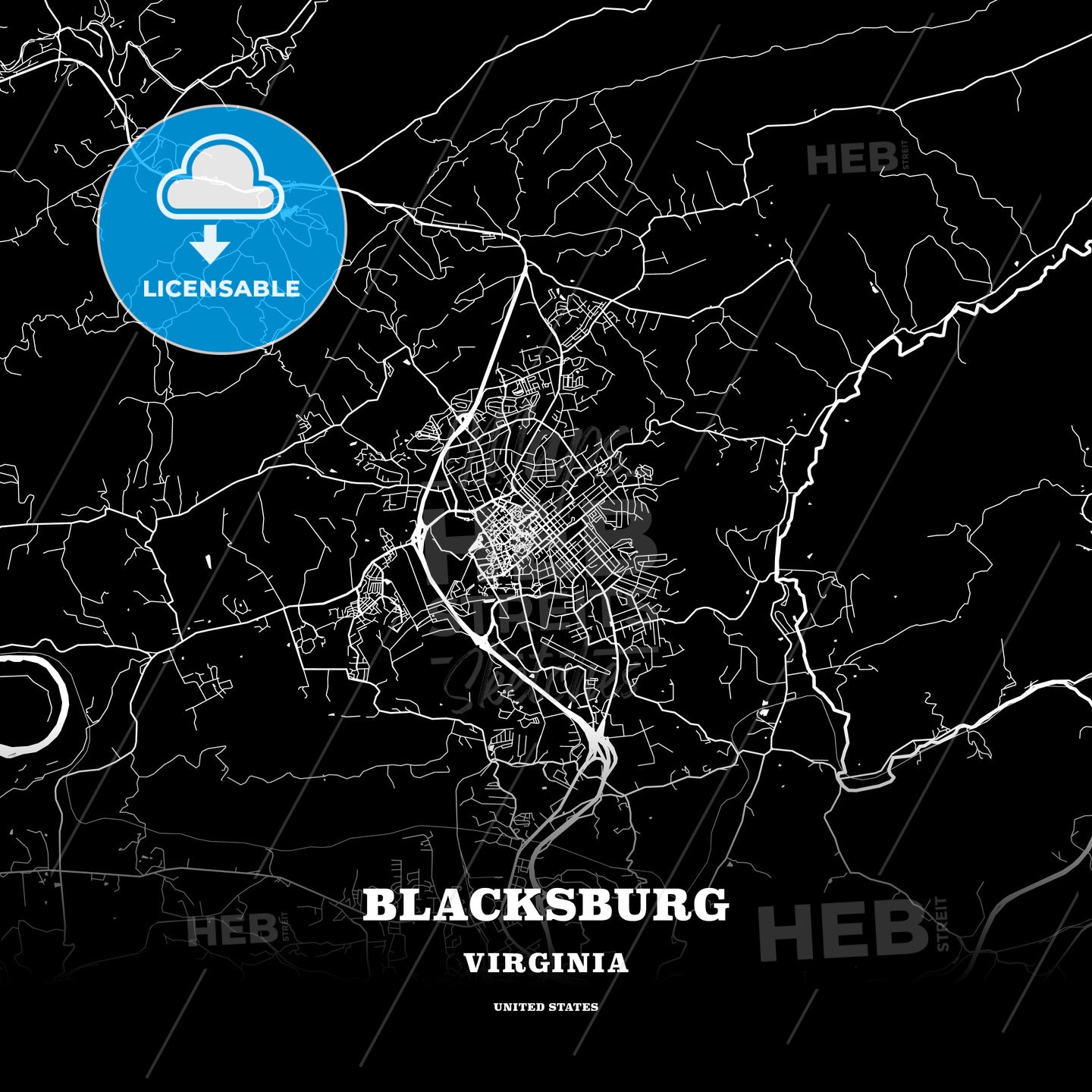 Black map poster template of Blacksburg, Virginia, USA - HEBSTREITS