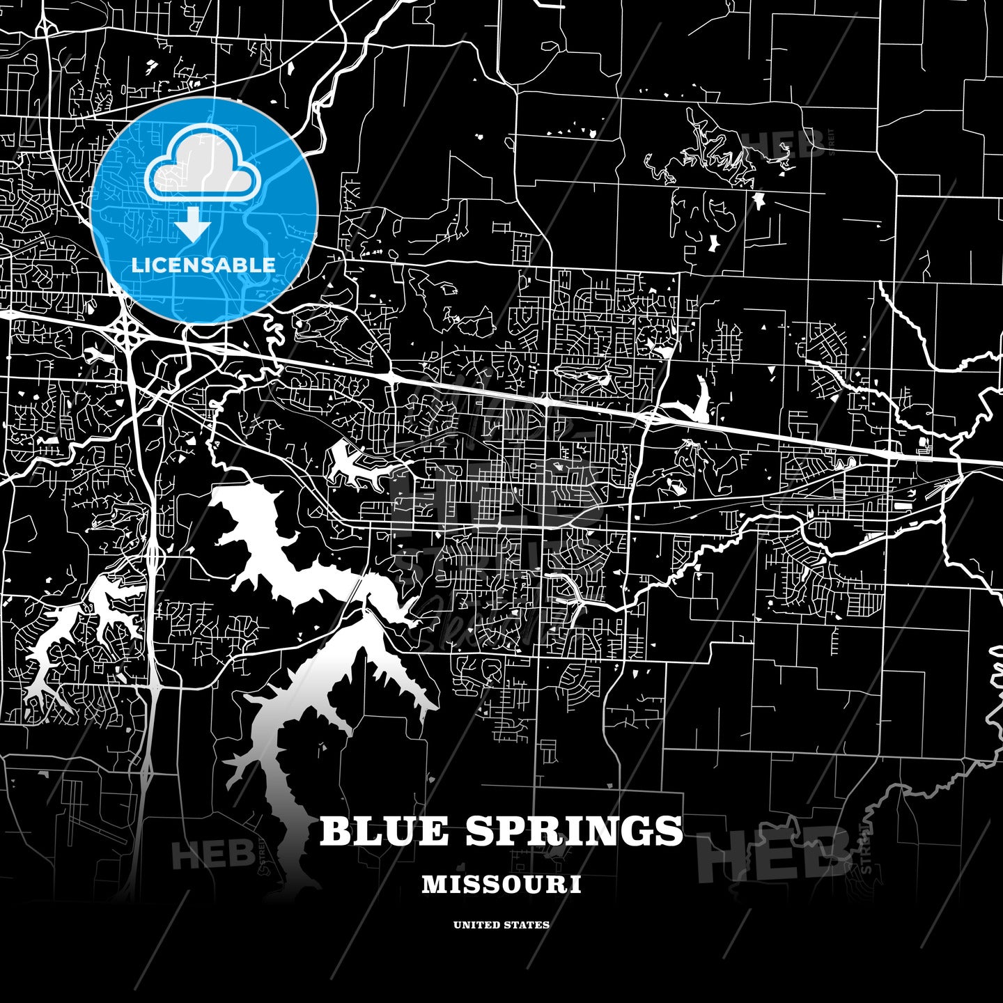Black Map Poster Template Of Blue Springs, Missouri, Usa – HEBSTREITS