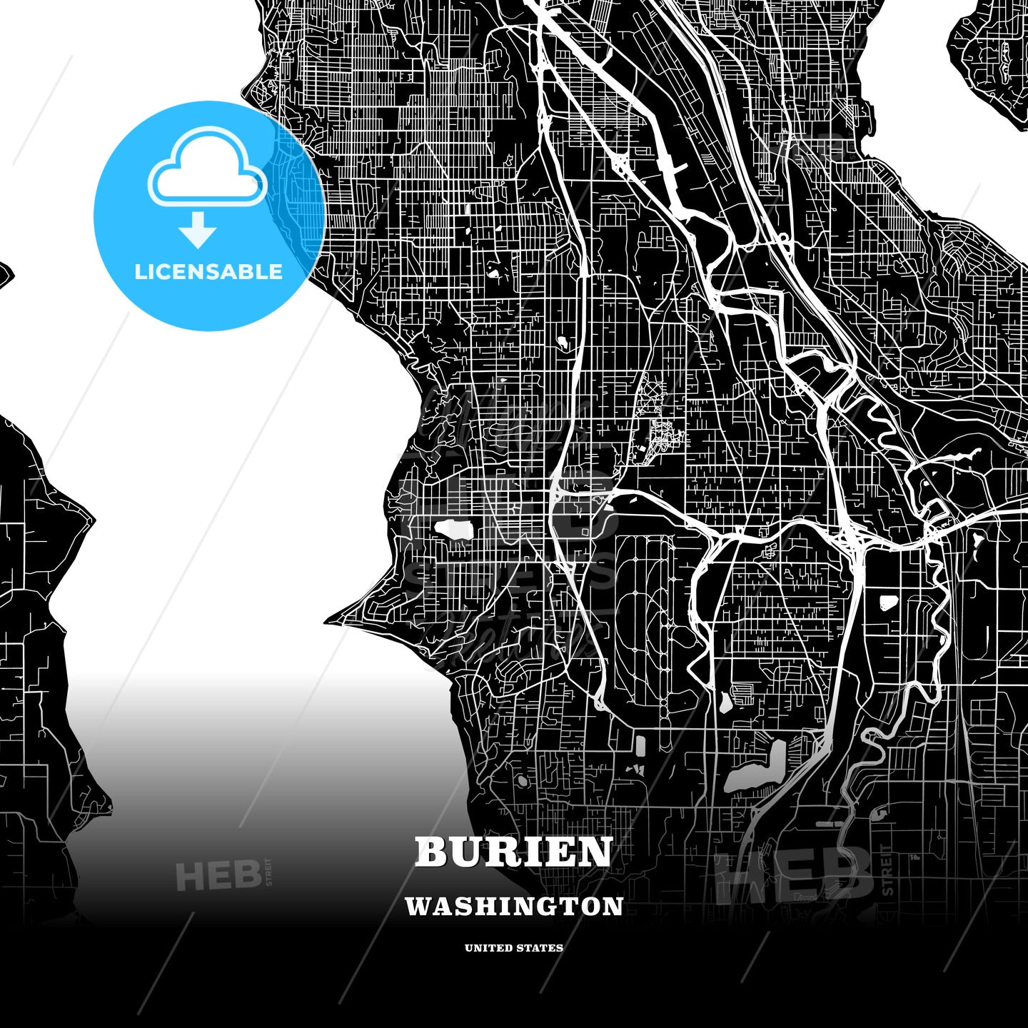 Black map poster template of Burien, Washington, USA - HEBSTREITS